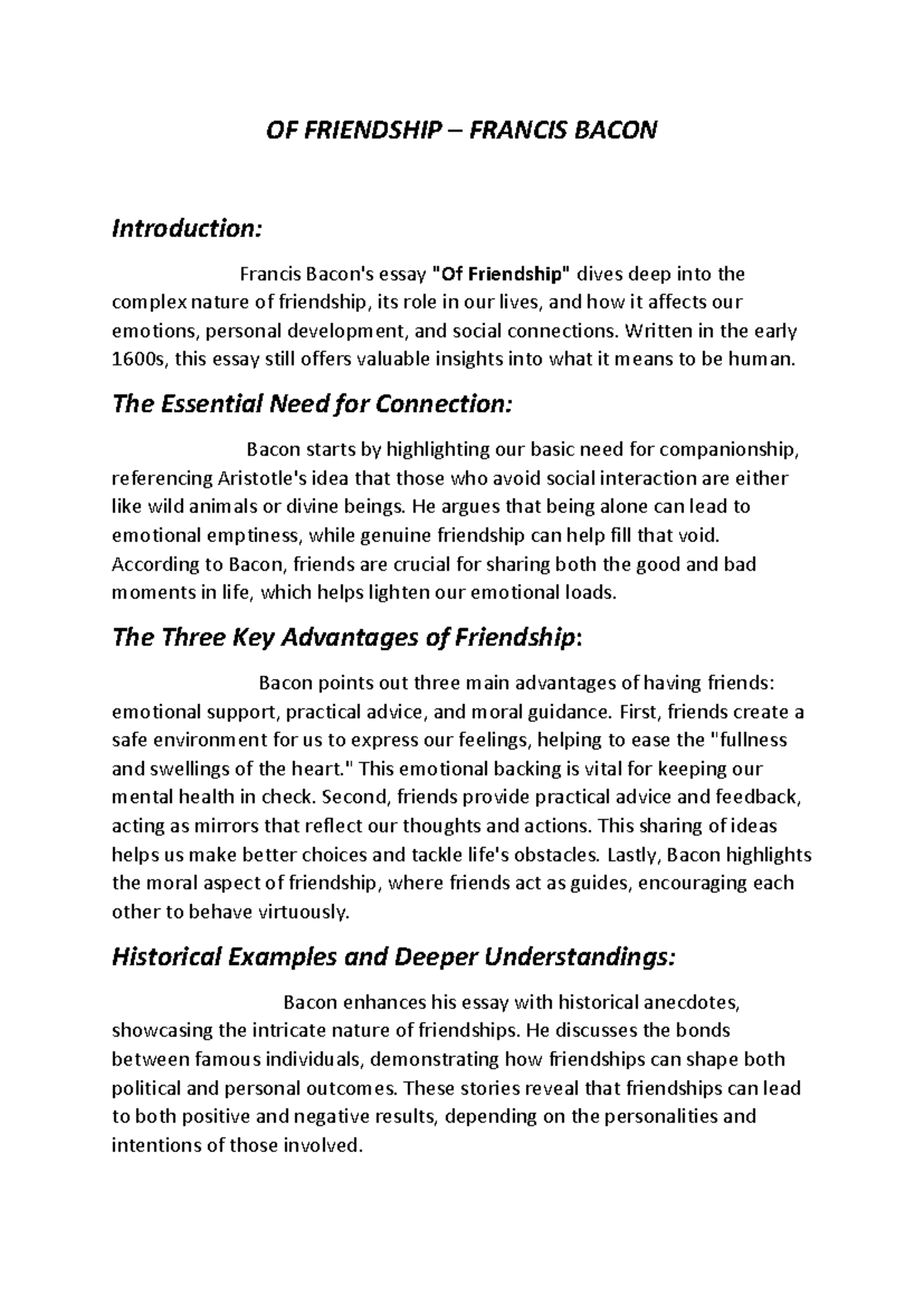 Of Friendship - CDC: Insights from Francis Bacon's Essay - Studocu