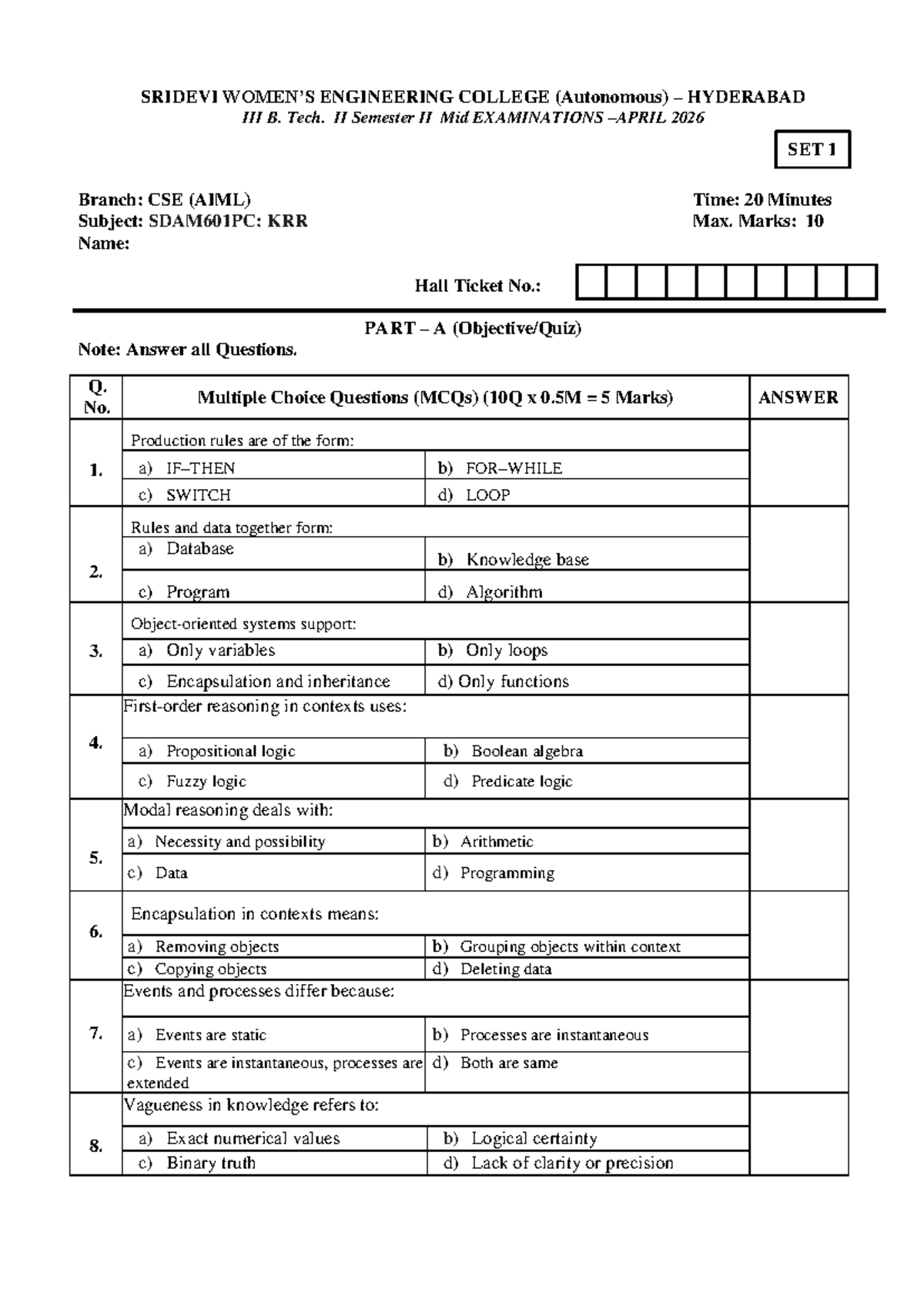 KRR MIDS 2 Objective Questions - B.Tech CSE (AIML) - Studocu