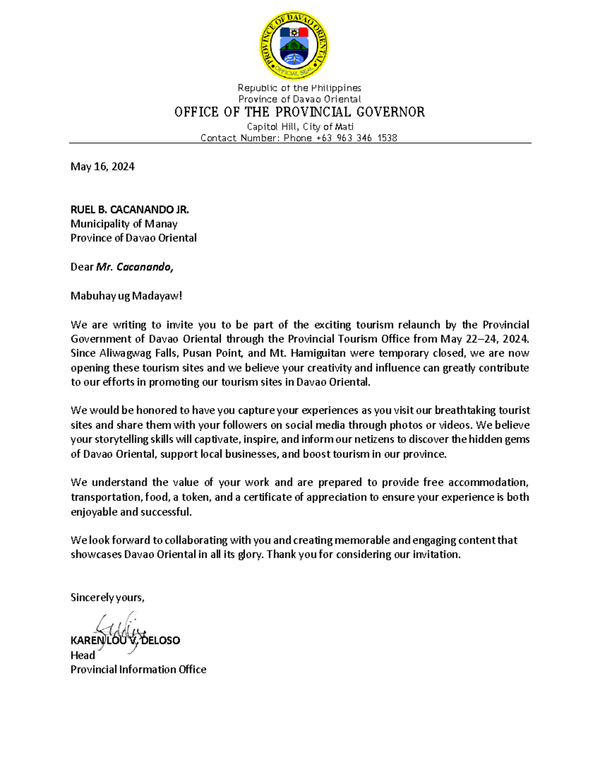 Invitation letter to Ms - Republic of the Philippines Province of Davao ...