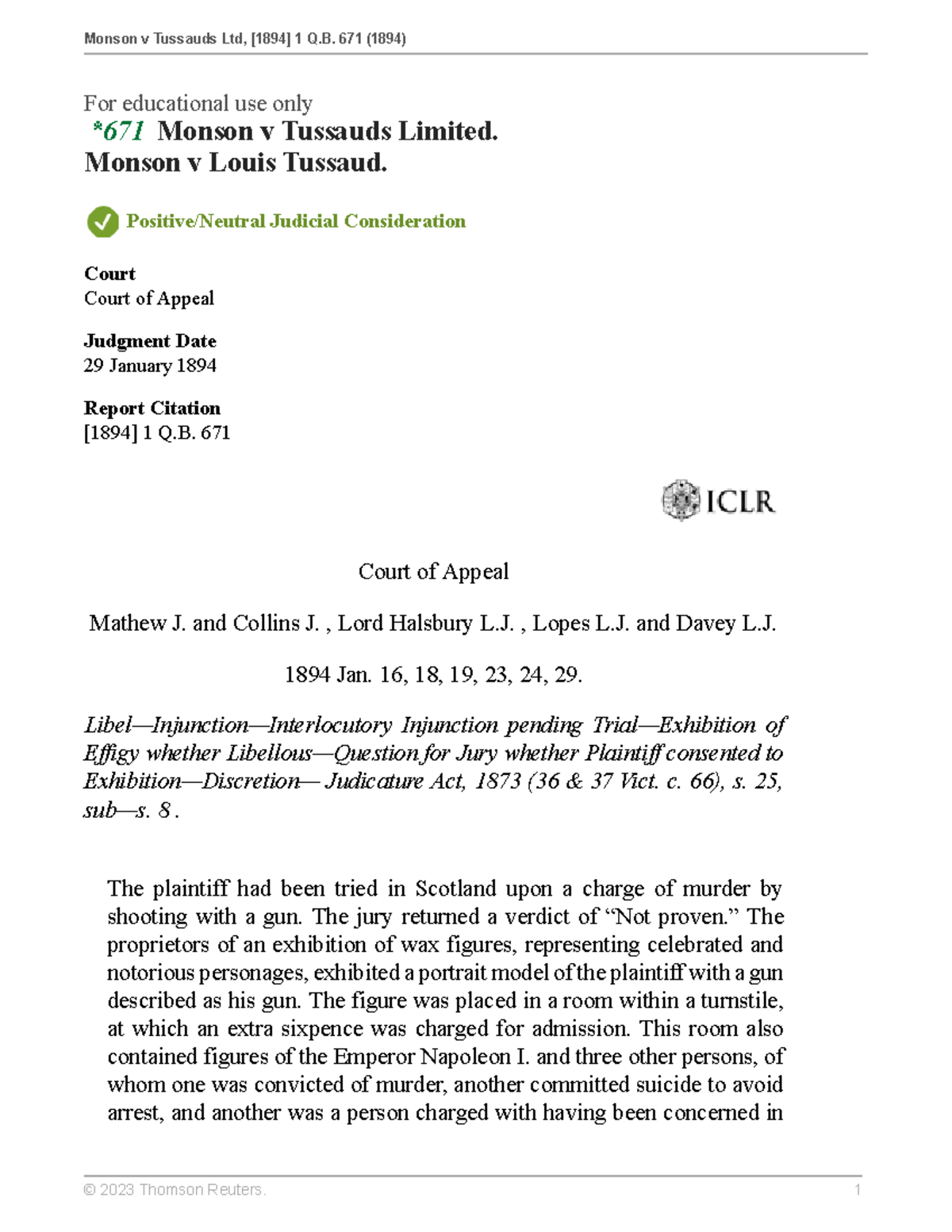 Monson v Tussauds Ltd - Case Study on Libel & Injunction 1894 - Studocu