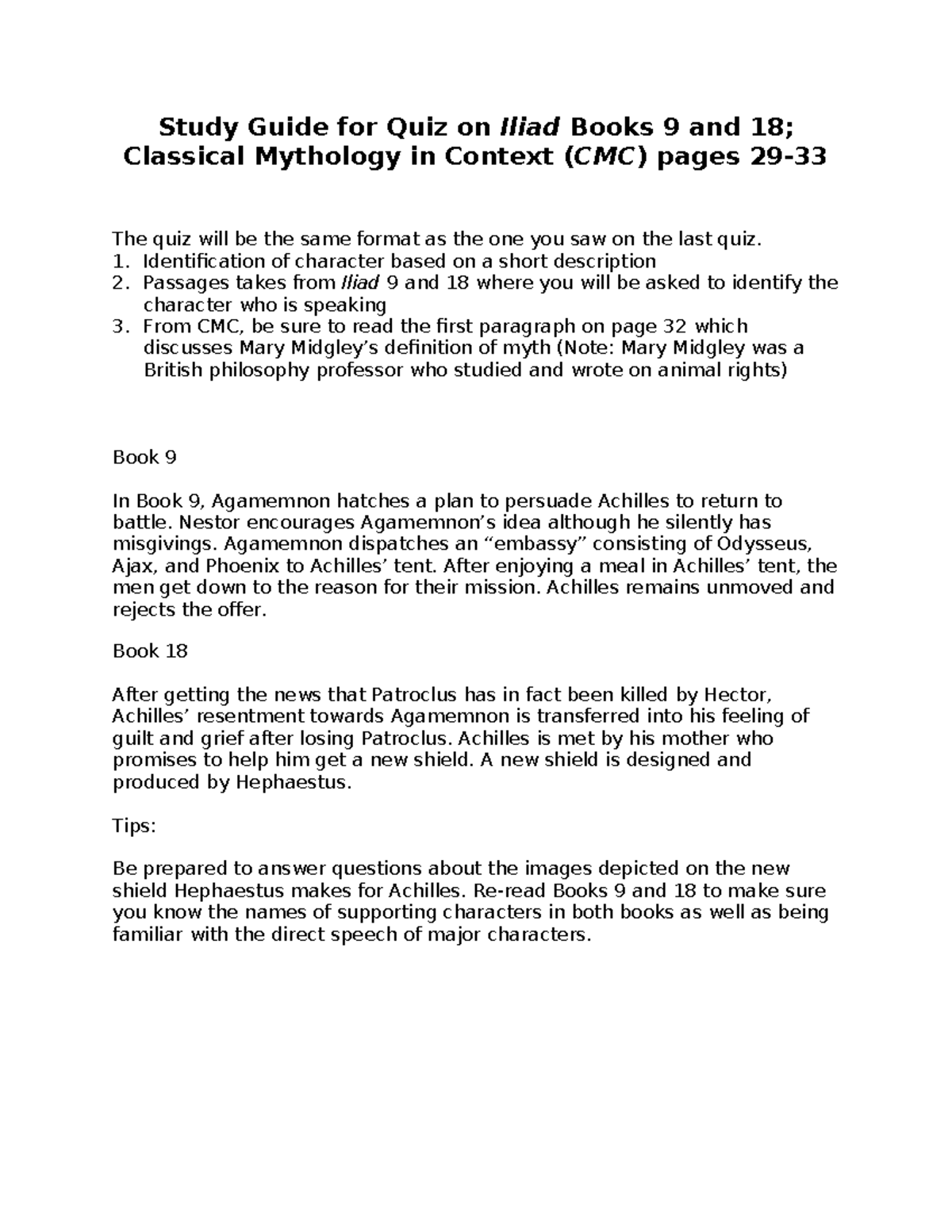 Study Guide for Quiz on Iliad Books 9 & 18 and CMC (CMC) - Studocu