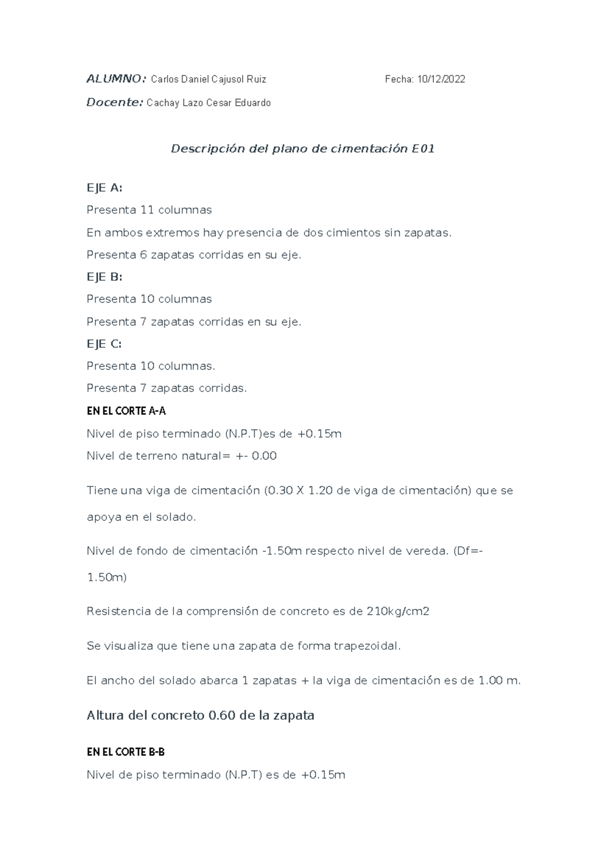 Descripción del plano de cimentación E01 y losa aligerada E02 - Studocu