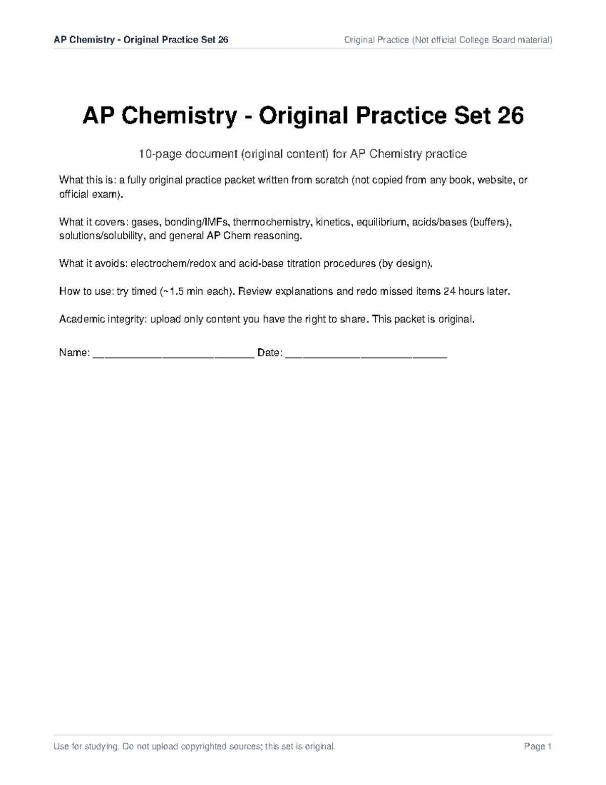 AP Chemistry Practice Set 26: Gases, Thermochemistry & Kinetics - Studocu