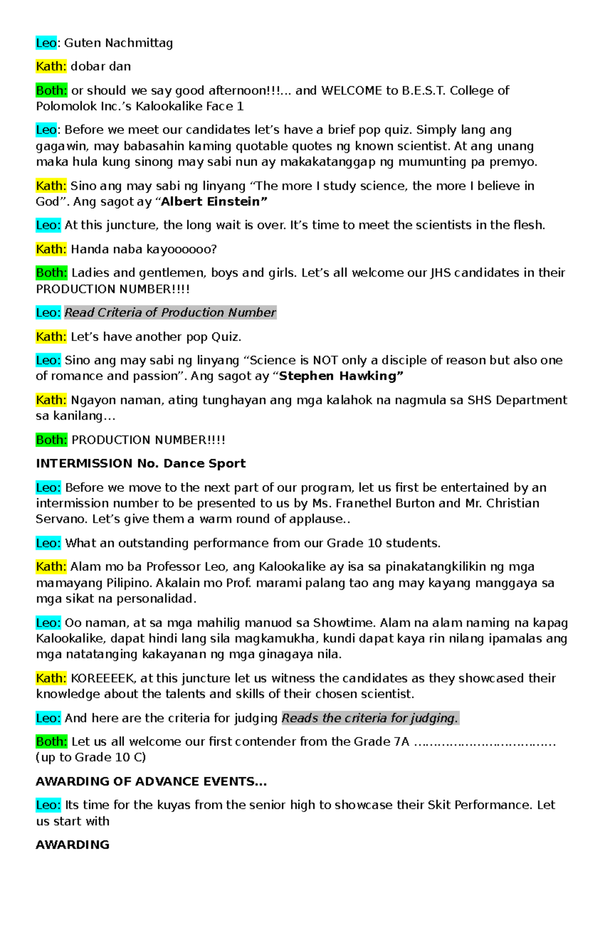 Kalookalike Face 1 Event Script - B.E.S. College of Polomolok Inc ...