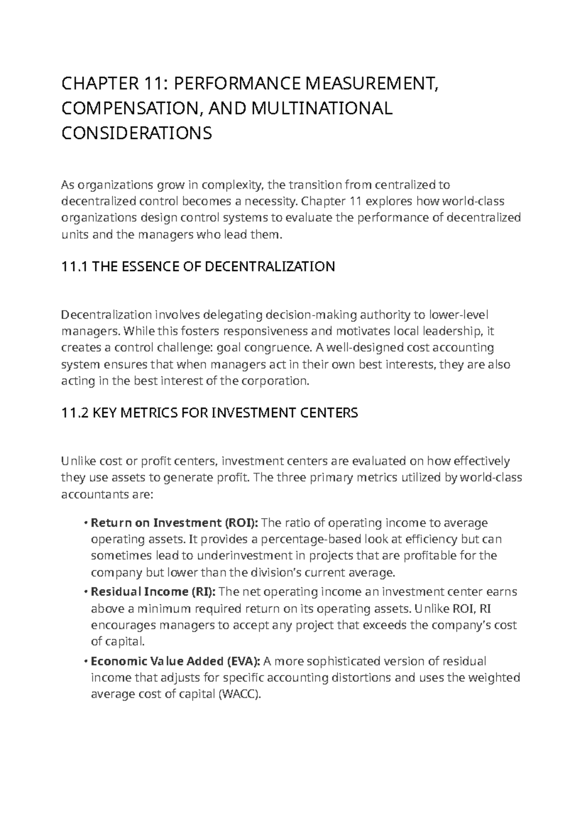 CHAPTER 11: PERFORMANCE MEASUREMENT & DECENTRALIZATION IN COST ACCT ...