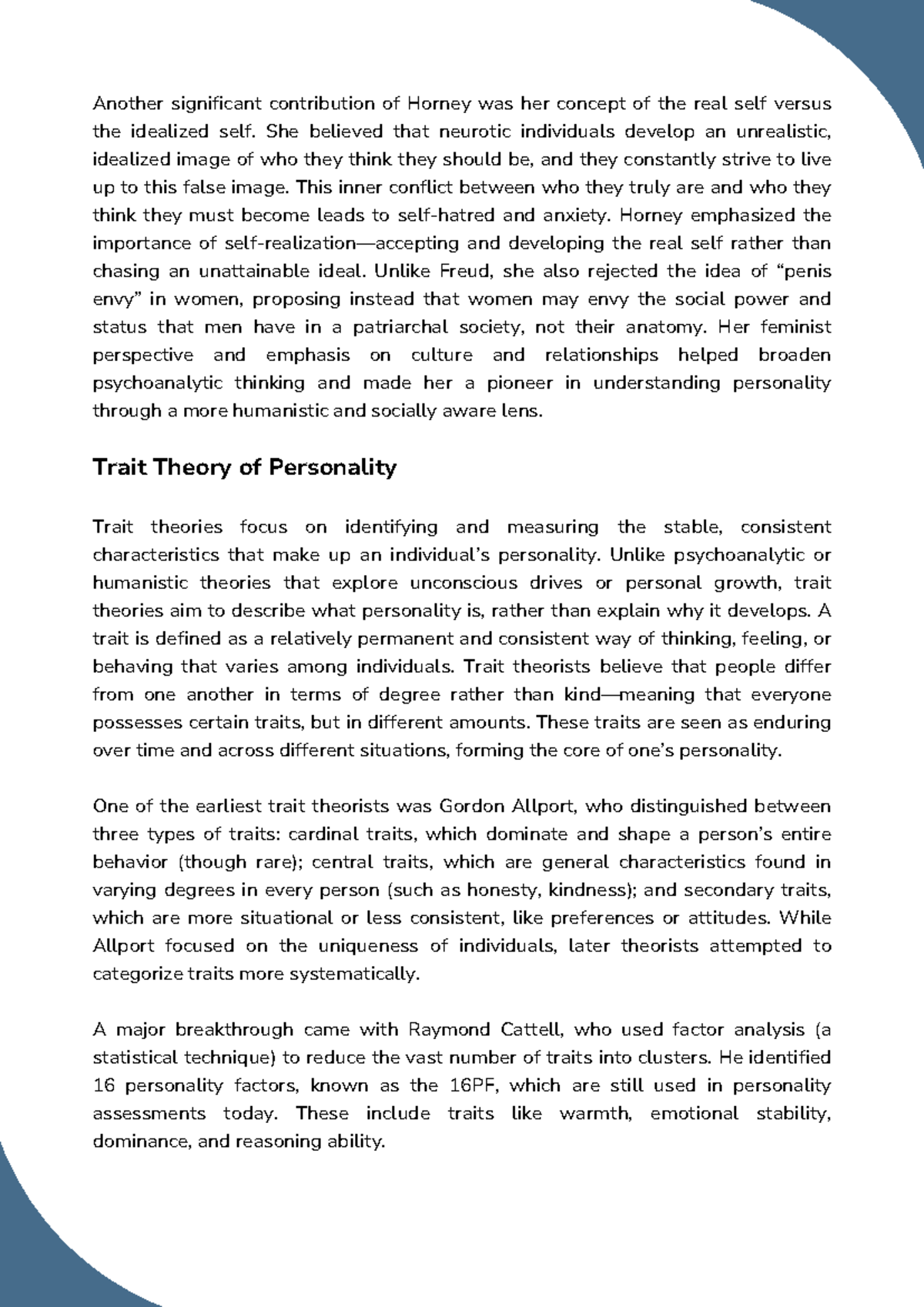Theories of Personality: Horney's Concepts & Trait Theory (PSY 3) - Studocu
