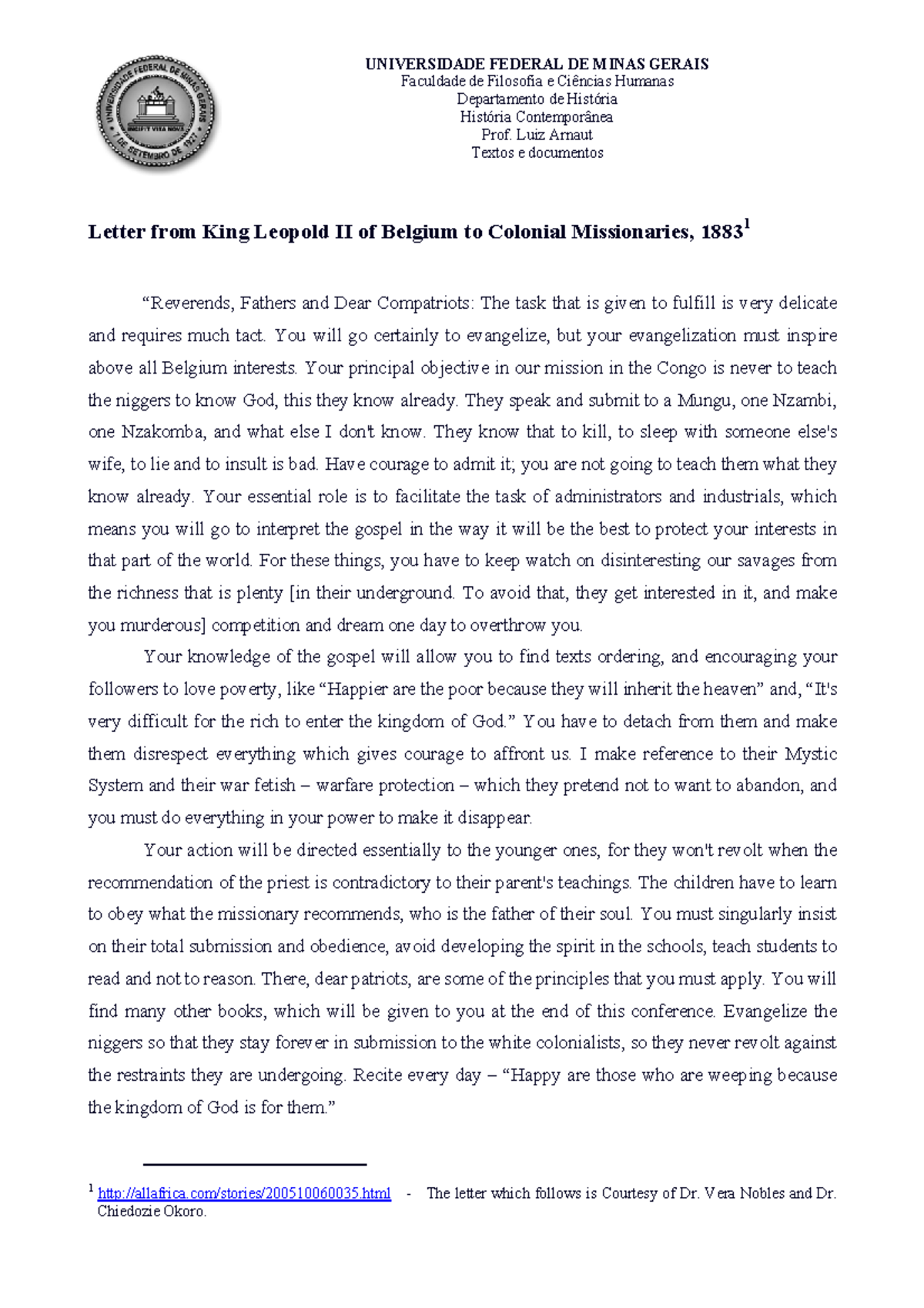 Letter from King Leopold II to Colonial Missionaries, 1883: Analysis ...