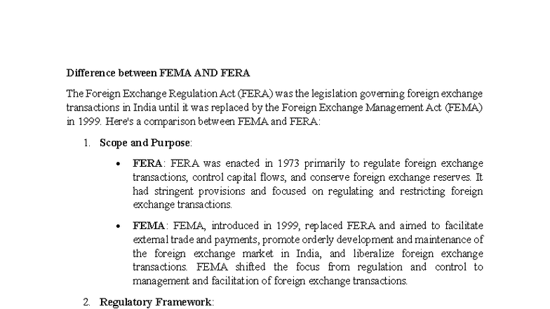 Invest & Comp Law (Unit 3) - FEMA vs FERA Comparison Notes - Studocu