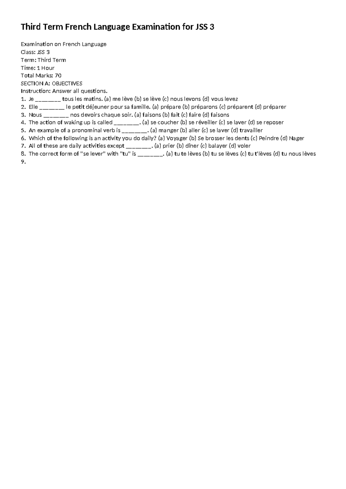 Third Term French Language Exam for JSS 3 - Studocu
