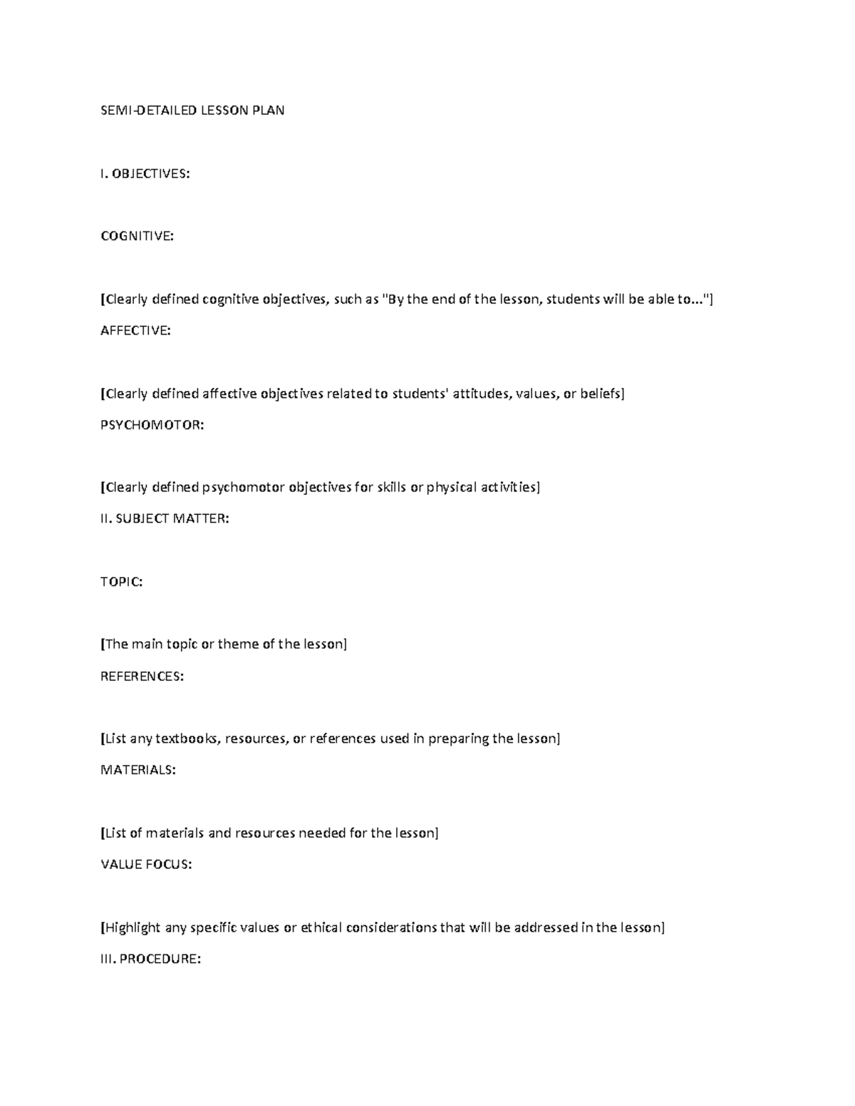 Semi-Detailed Lesson Plan Format for Effective Teaching Strategies ...