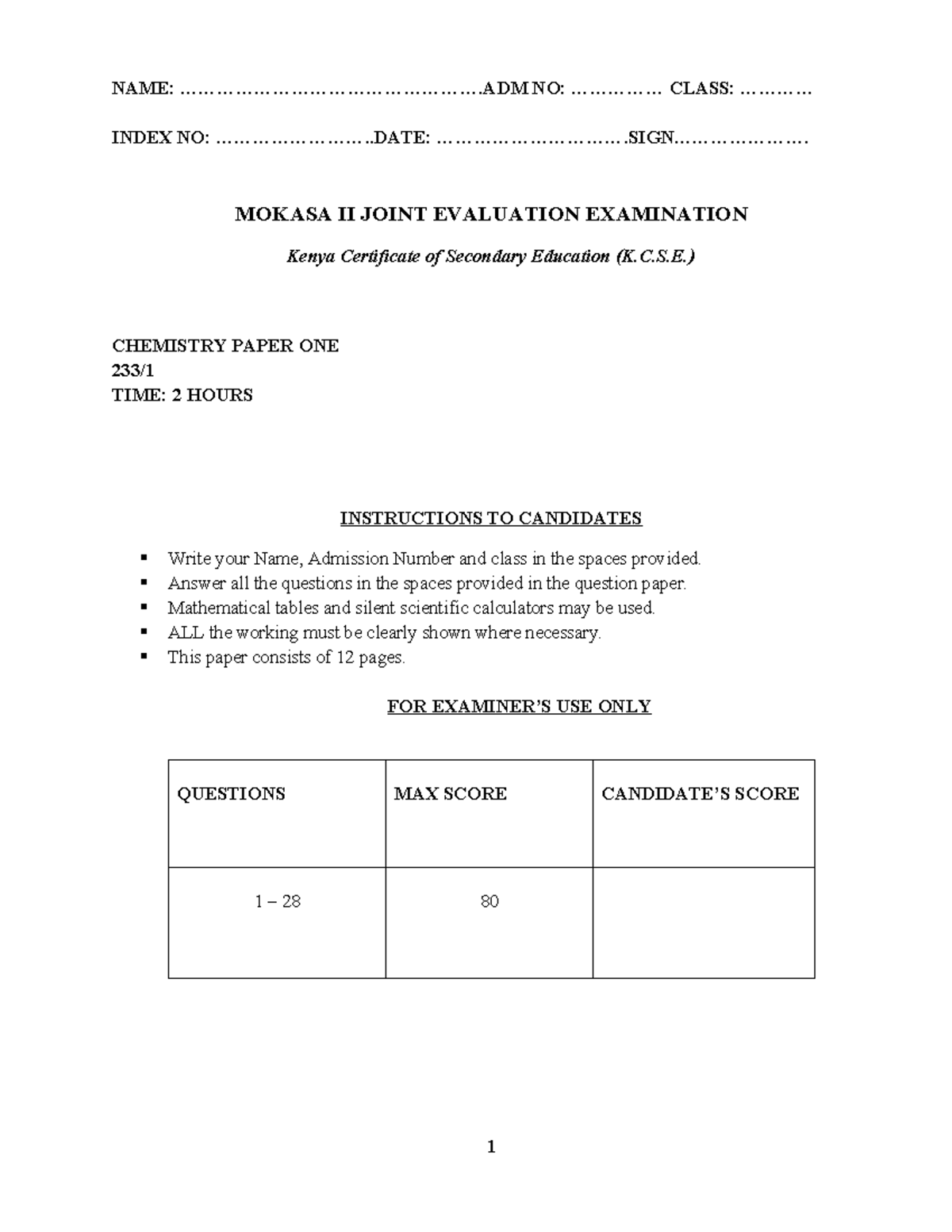 Mokasa II Joint Evaluation Exam - K.C.S.E. Chemistry Paper 1 (2024 ...