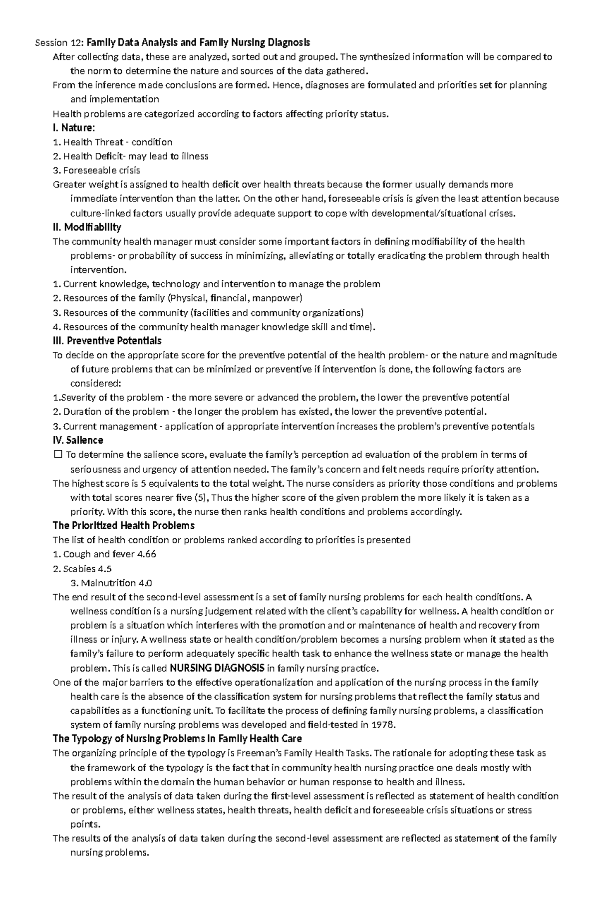 CHN 192 Session 12-13: Family Data Analysis & Nursing Diagnosis Review ...