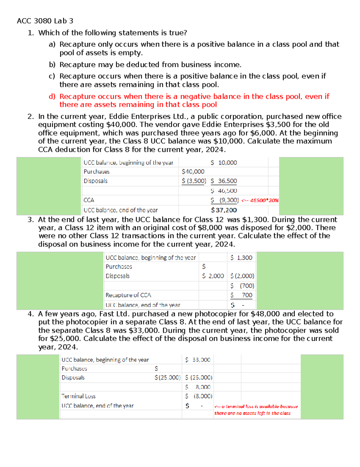 ACC 3080 Lab 3 - CCA Calculations and Asset Dispositions - Studocu