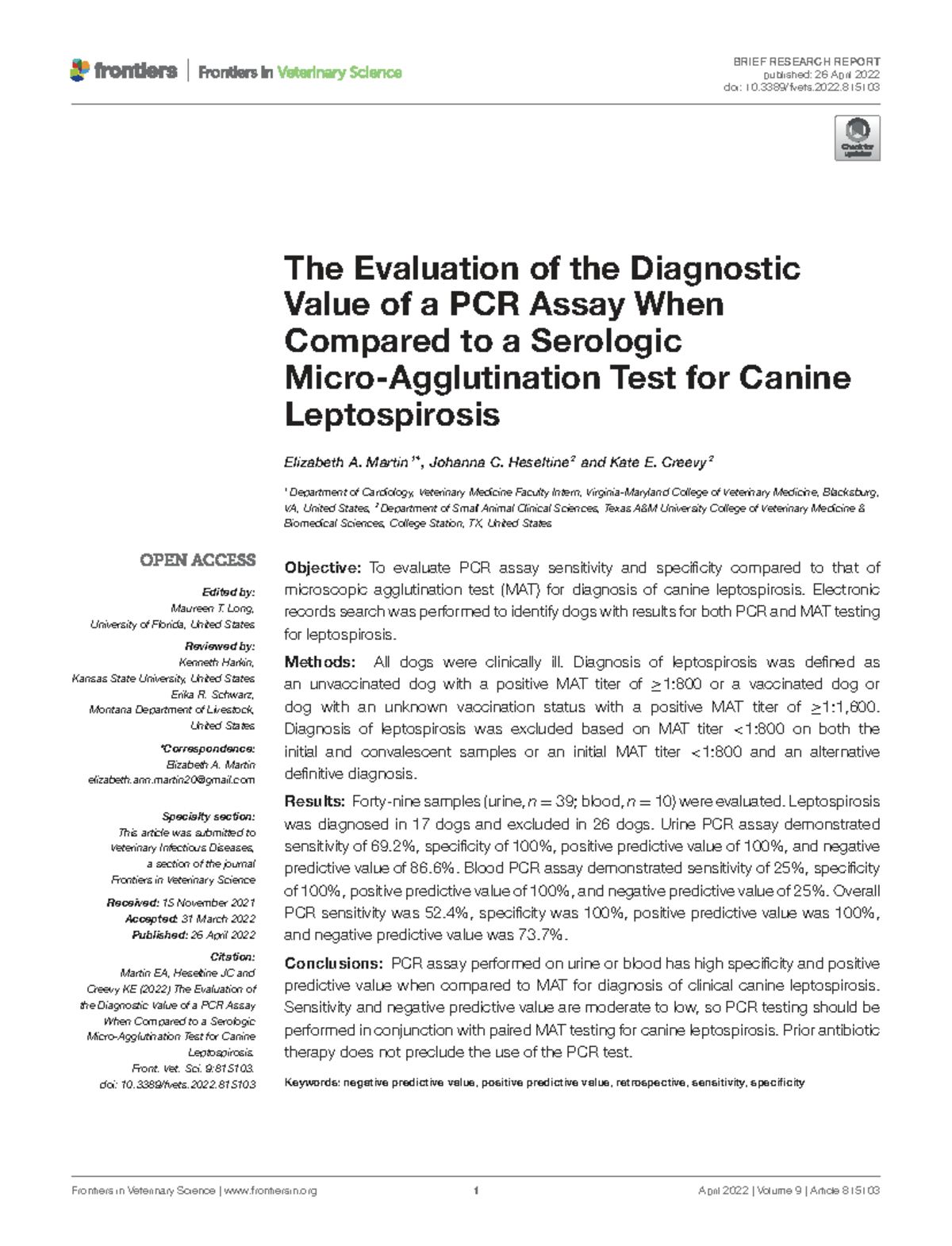 Evaluation of PCR vs Serologic Testing for Canine Leptospirosis (VET ...