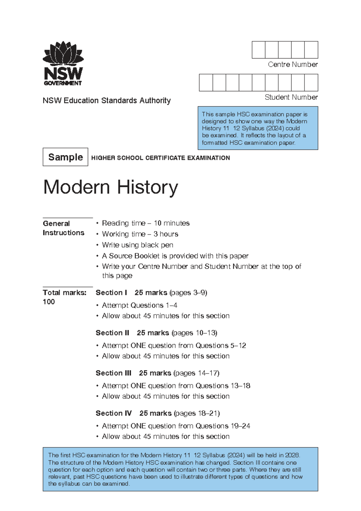 HSC Modern History Sample Exam Paper (2024) - Studocu