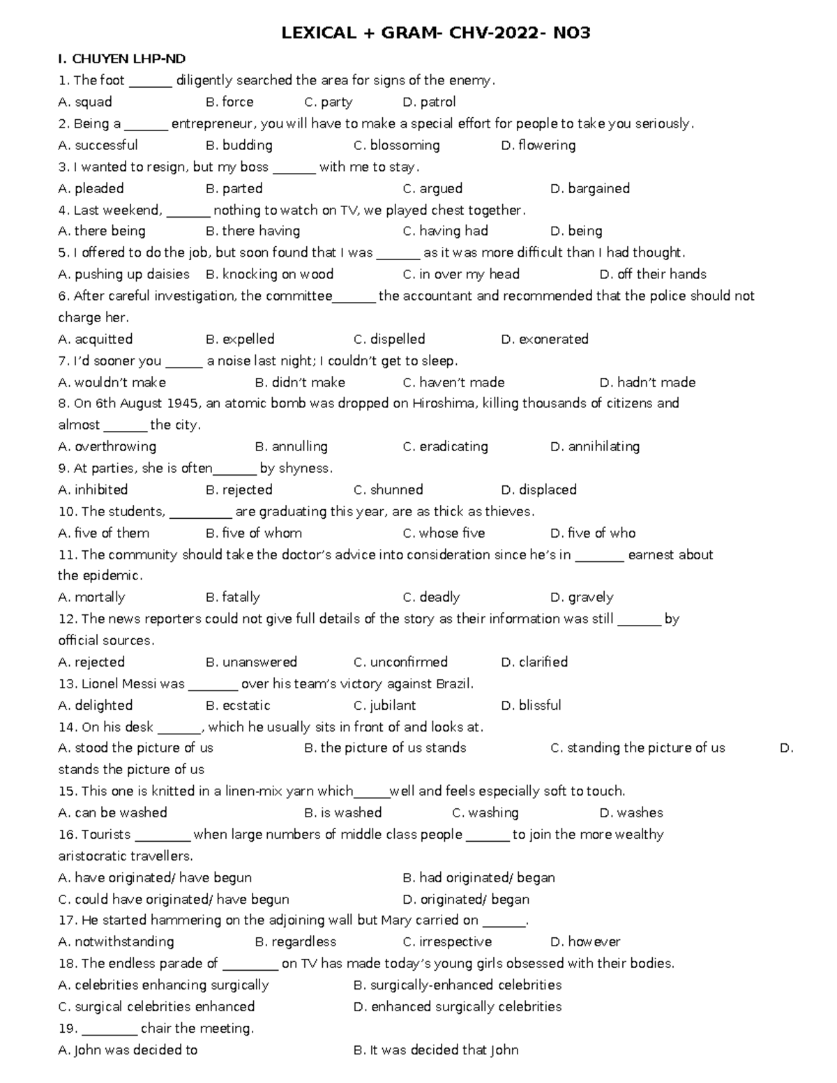 Lexical Grammar Exercises for CHV 2022 NO3 - Studocu
