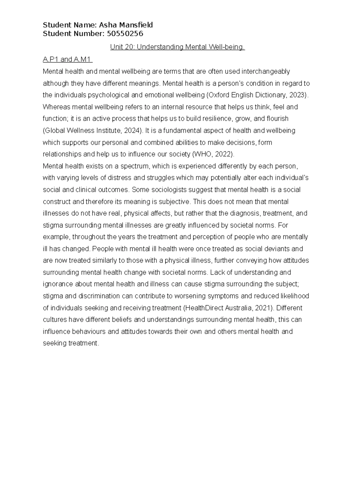 Unit 20 Understanding Mental Wellbeing-2.docx work - Student id: 428801 Unit 20 Understanding ...