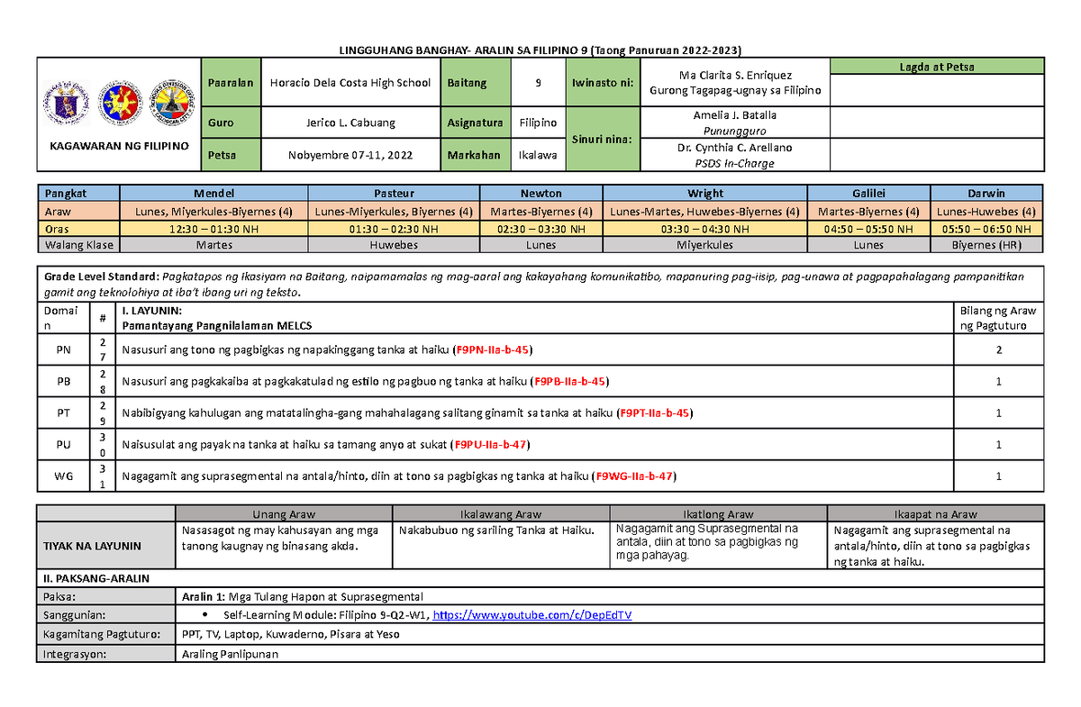 Filipino 9 Q2W1 - Lesson Plan on Tanka and Haiku (2022-2023) - Studocu