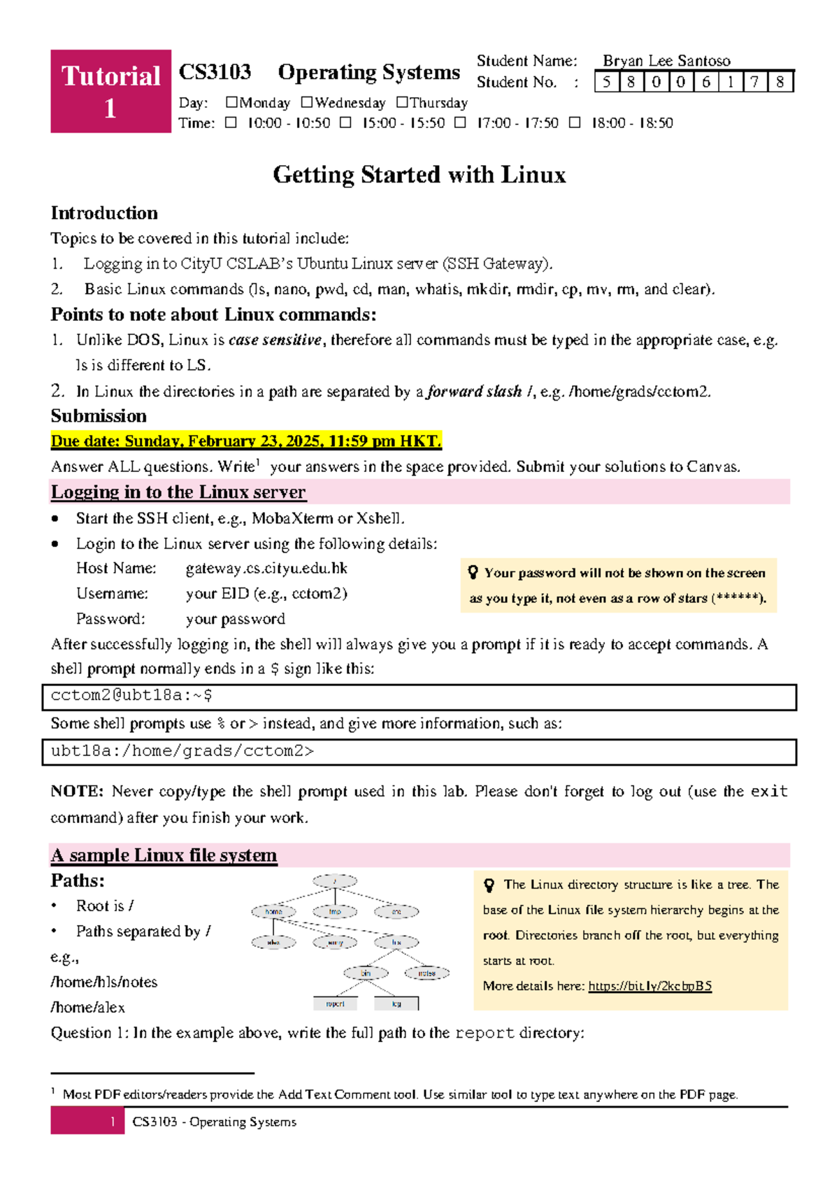 CS3103 Operating Systems Tutorial 1: Getting Started with Linux - Studocu