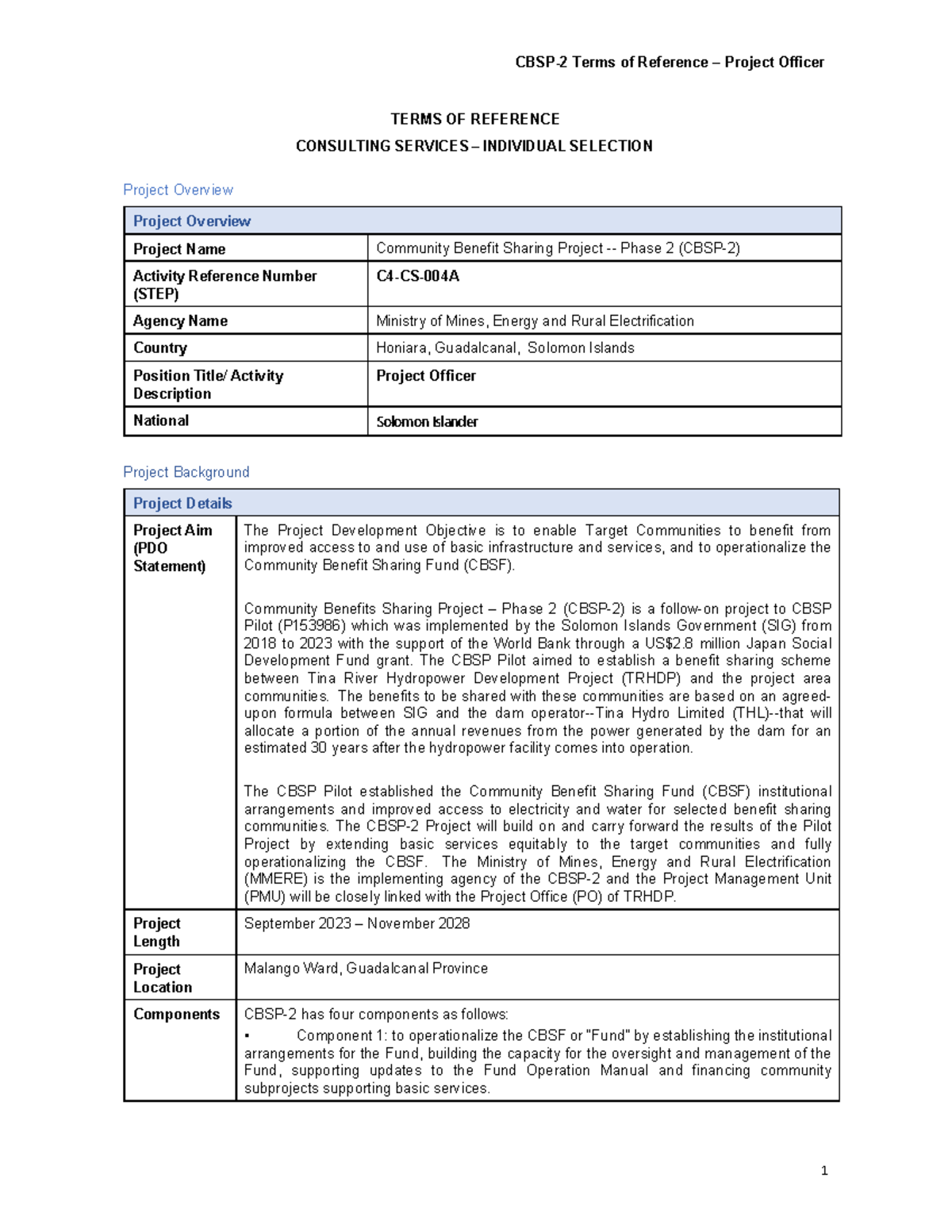 Terms of Reference for Project Officer - Community Benefit Sharing ...