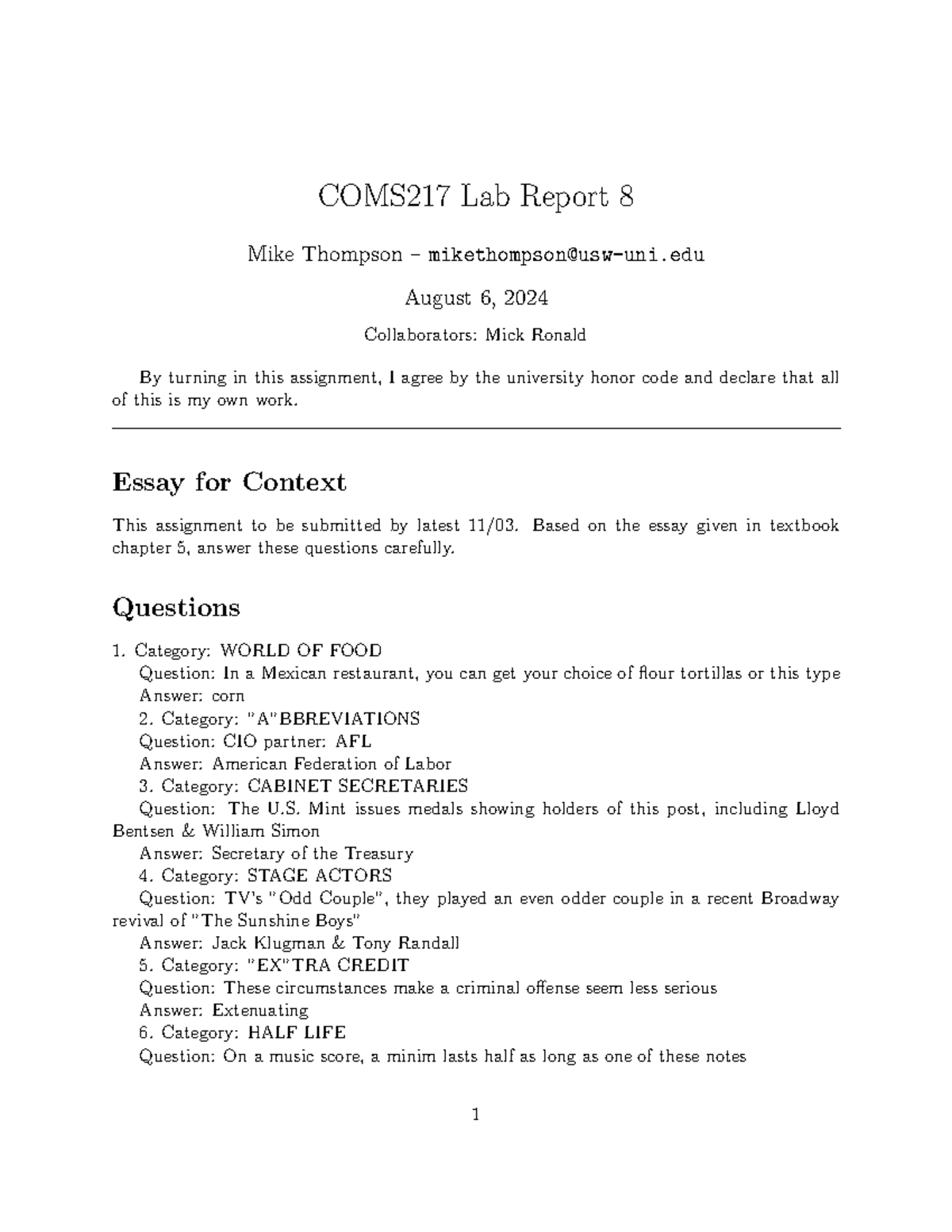 COMS217 Lab Report 8: Food, Literature, and Music Trivia Questions ...