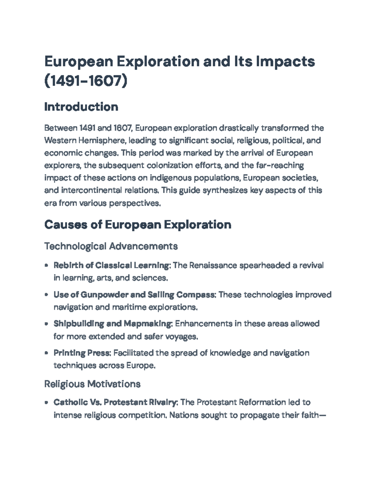 European Exploration and Its Impacts: 1491-1607 Overview and Analysis ...