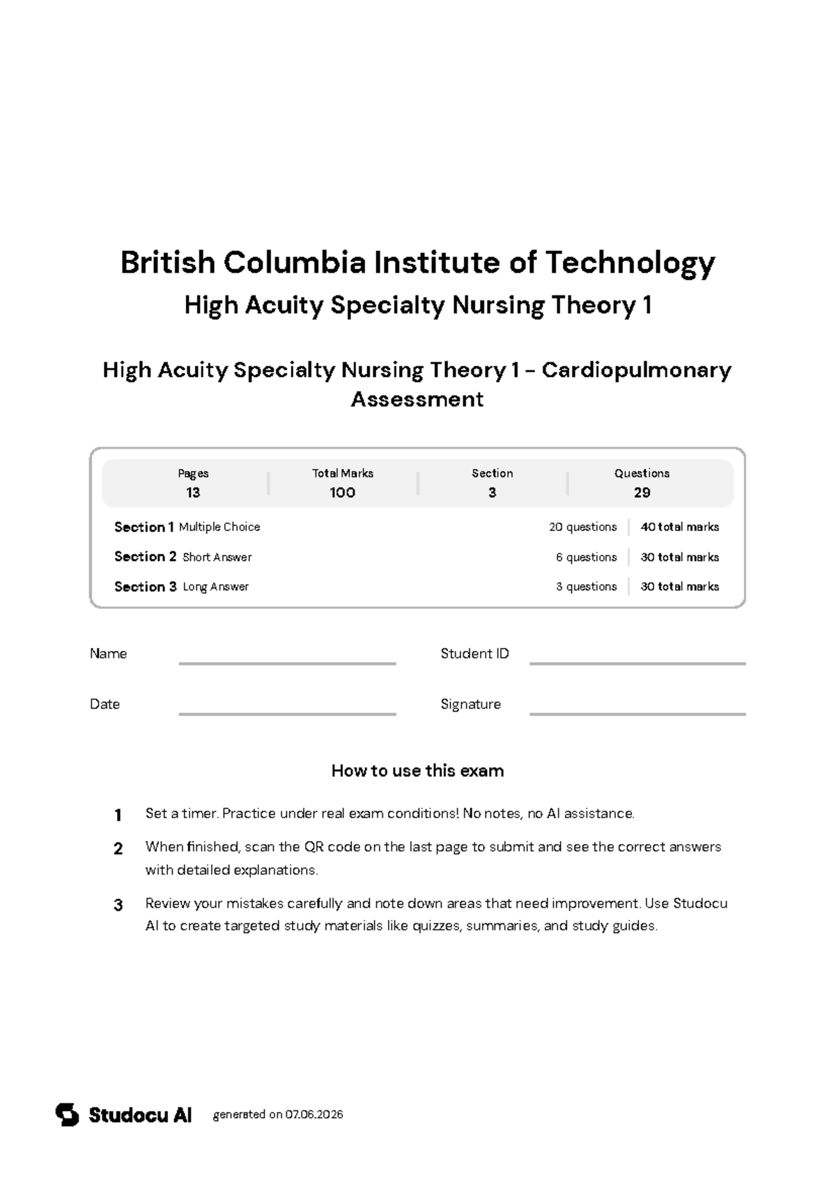 High Acuity Nursing Theory 1: Cardiopulmonary Assessment Exam - Studocu
