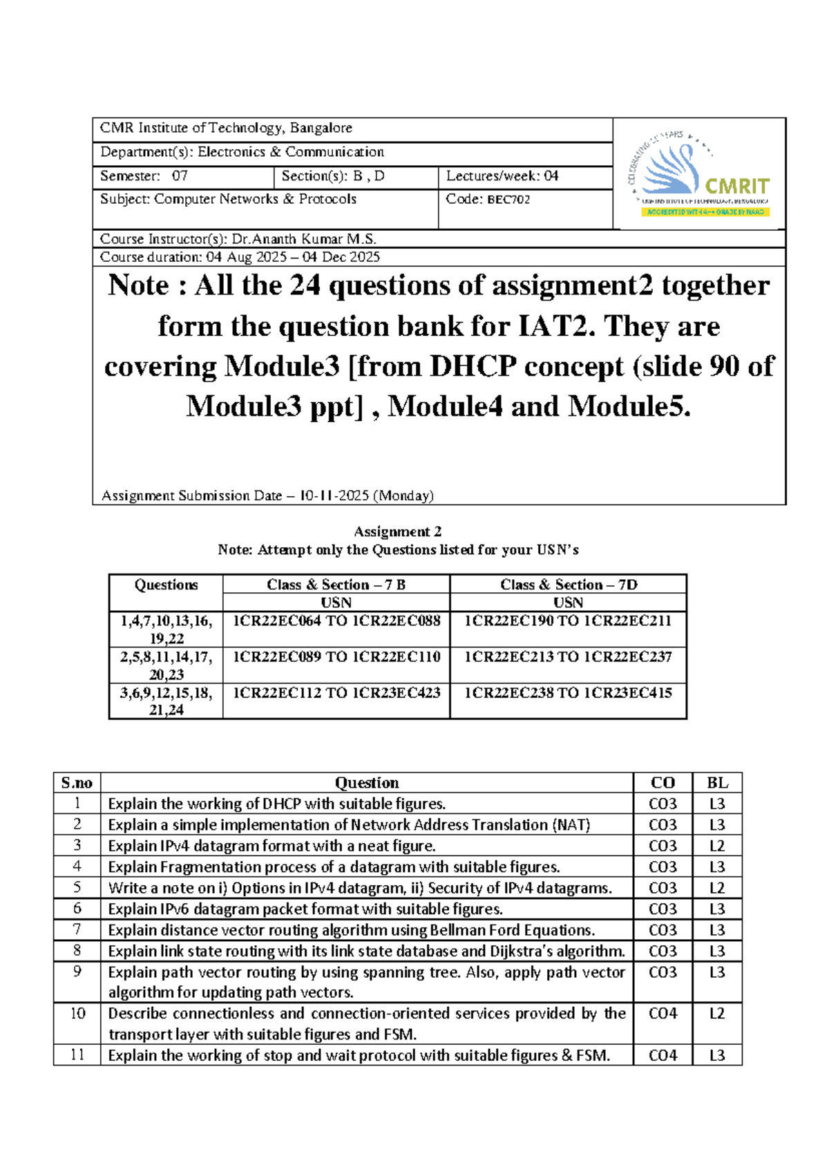 BEC702 Computer Networks IAT2 Question Bank & Assignment 2 Notes - Studocu