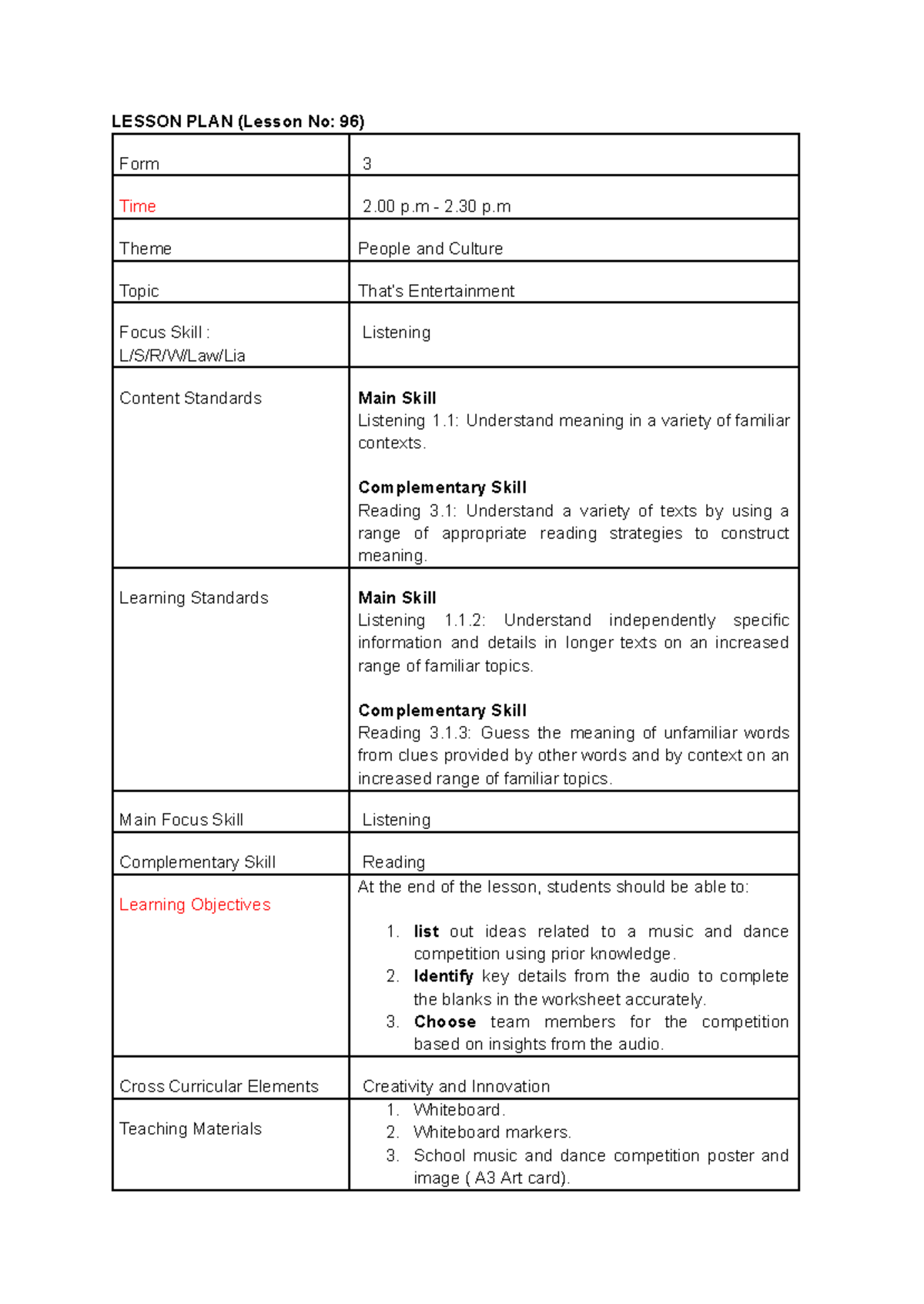 Lesson Plan Microteaching - LESSON PLAN (Lesson No: 96) Form 3 Time 2 p ...