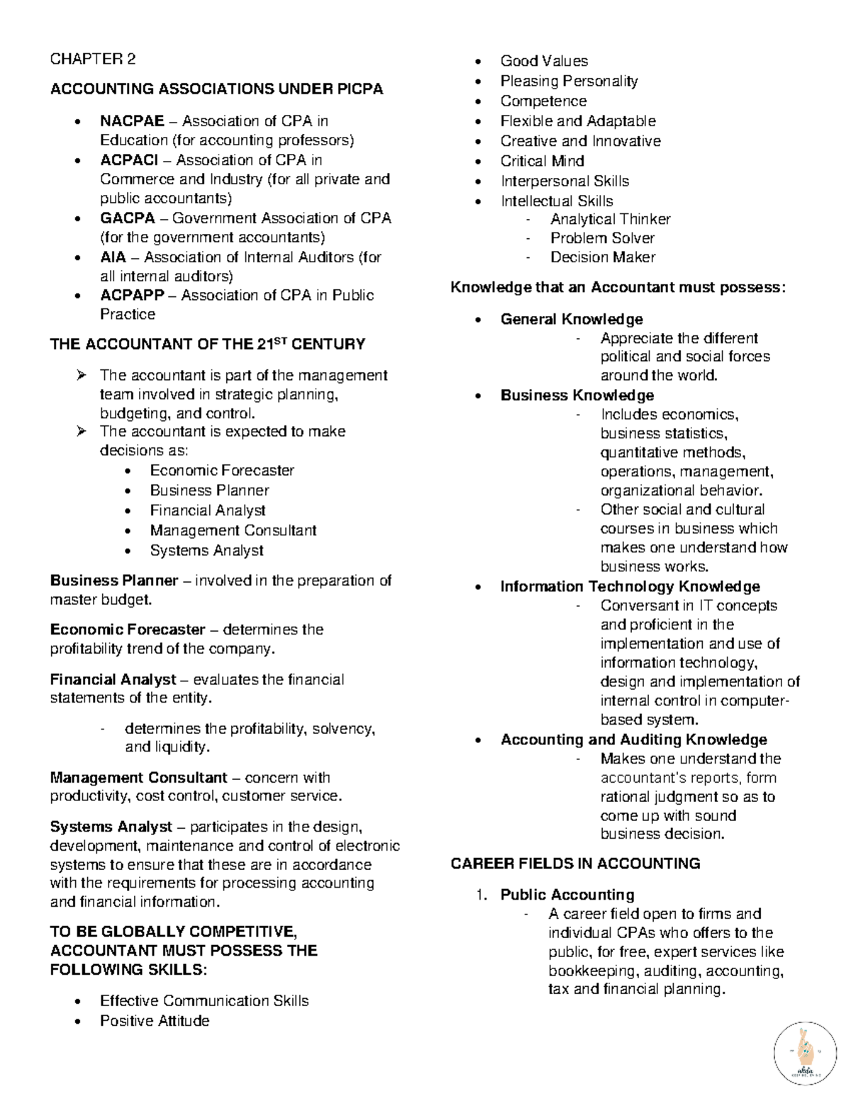 Chapter 2 - Key Accounting Associations and Skills for Success - Studocu