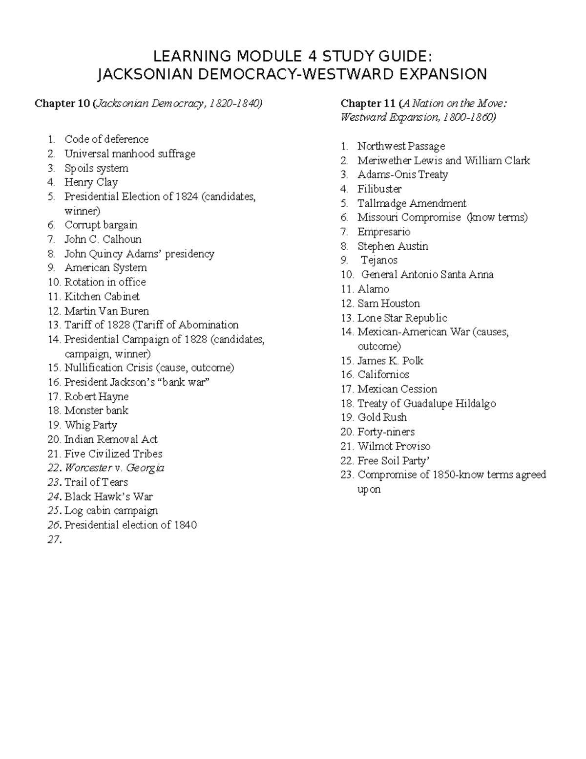 Study Guide: Jacksonian Democracy (1820-1840) & Westward Expansion ...