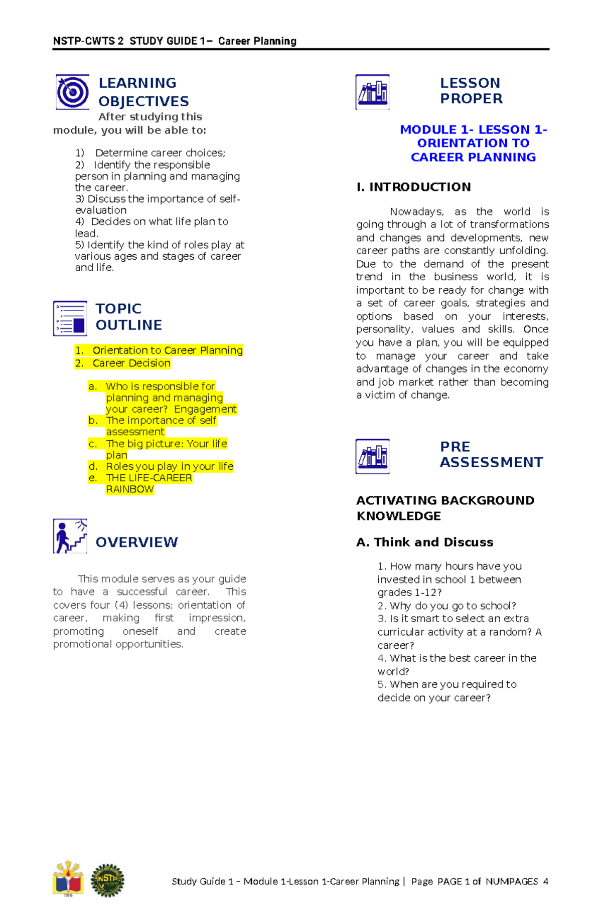 Study Guide 1 - Module 1: Career Planning Overview - Studocu