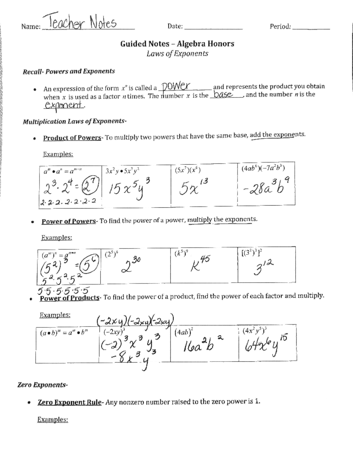 Law+of+Exponents+Teacher+Notes - Name: Teacher Notes Date: Period ...