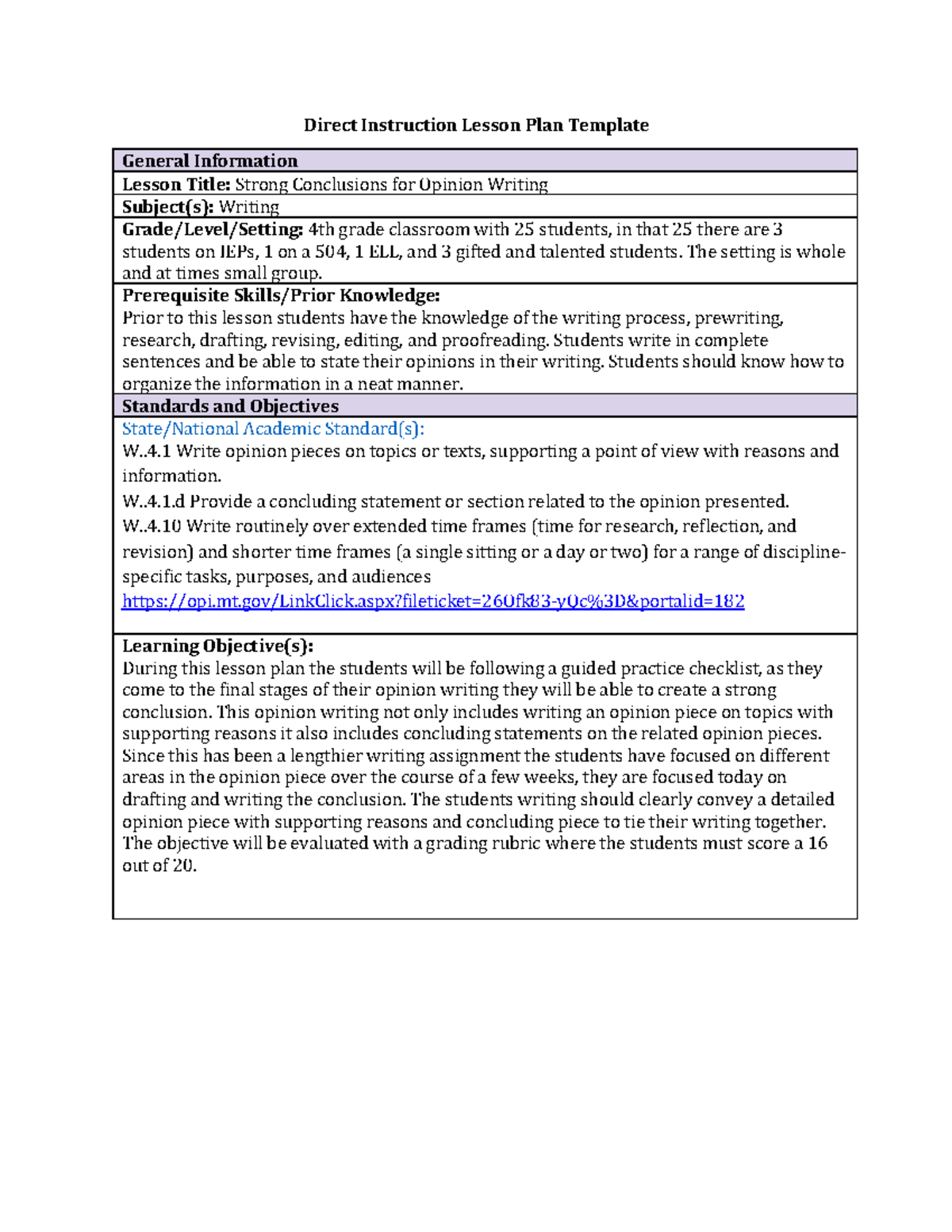 C935 Task 1: Strong Conclusions for Opinion Writing Lesson Plan - Studocu