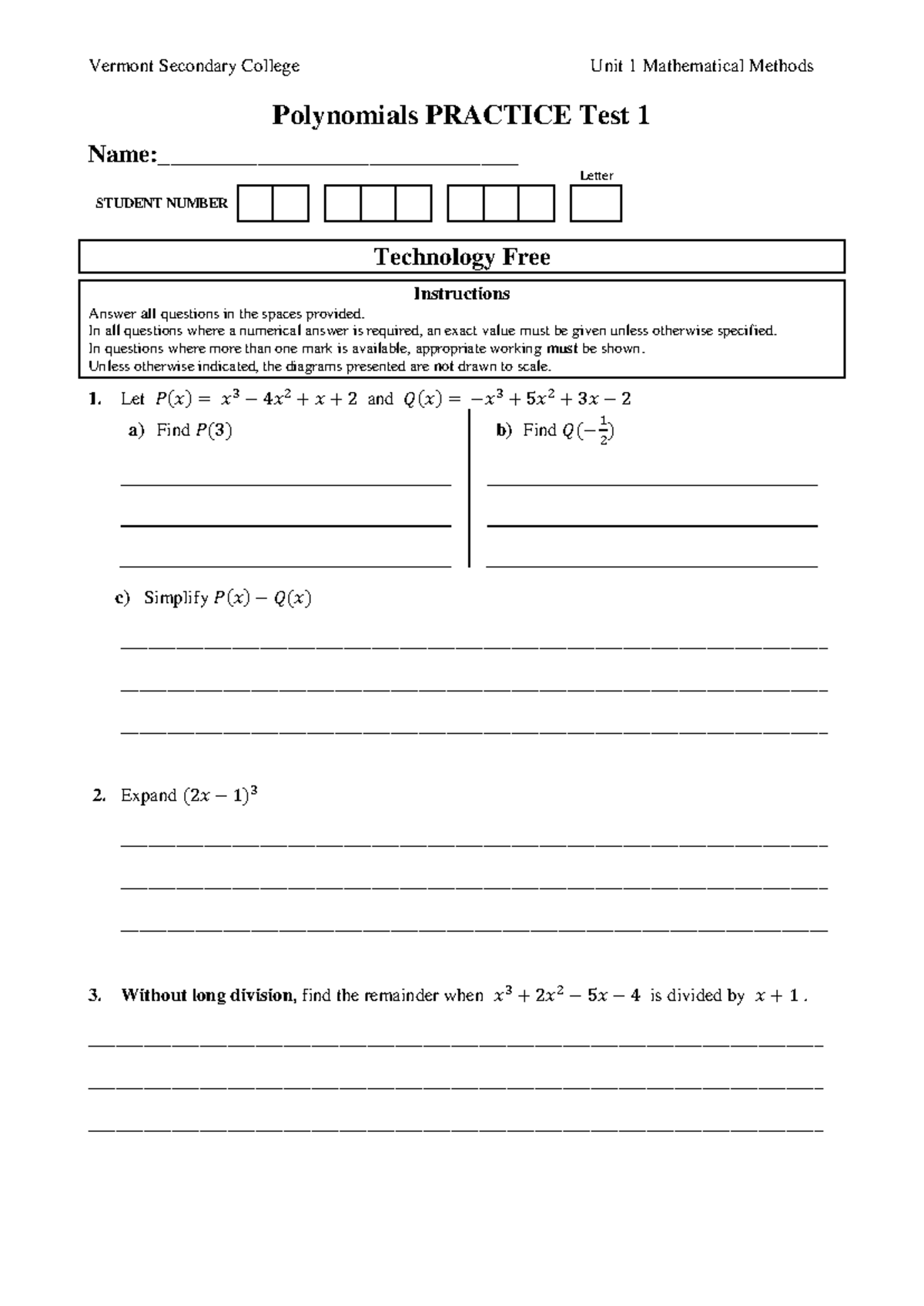 Vermont Secondary College Unit 1 Mathematical Methods Polynomials ...