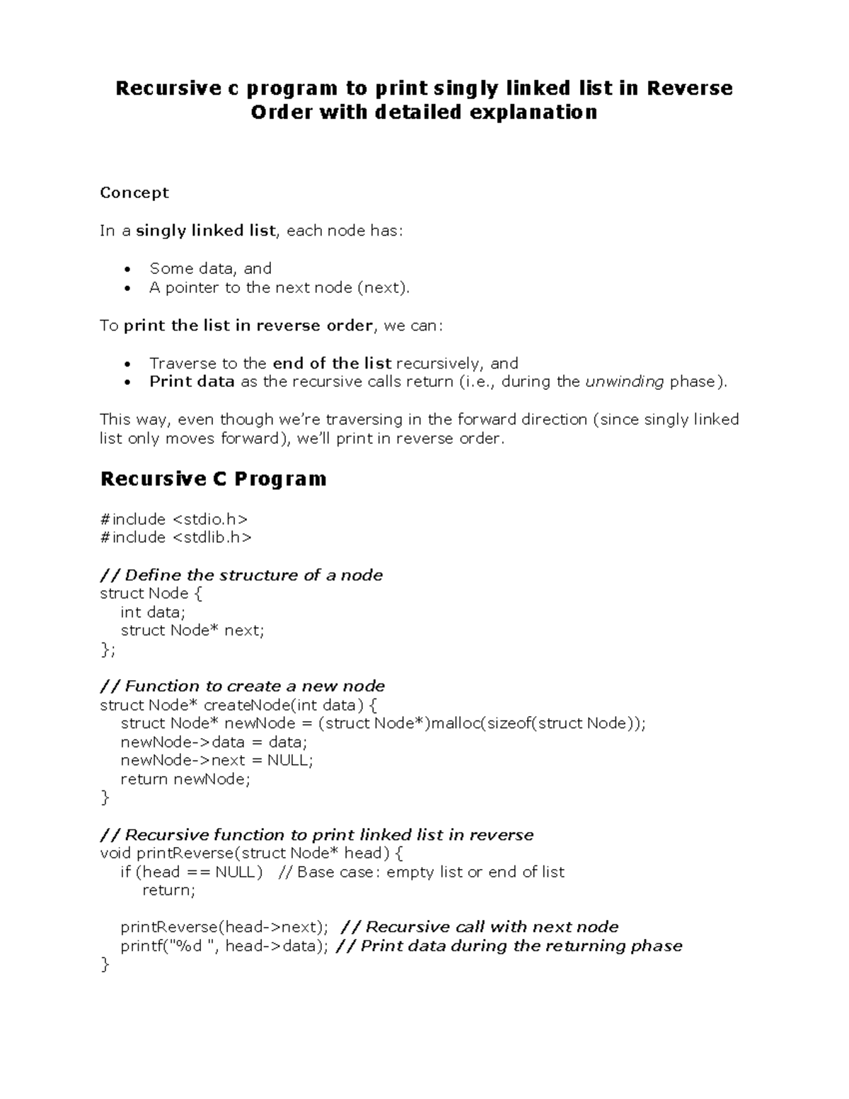 C Programming: Recursive Method to Print Singly Linked List in Reverse - Studocu