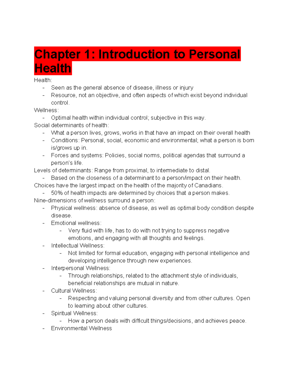 Course notes HS1001A - Chapter 1: Introduction to Personal Health ...