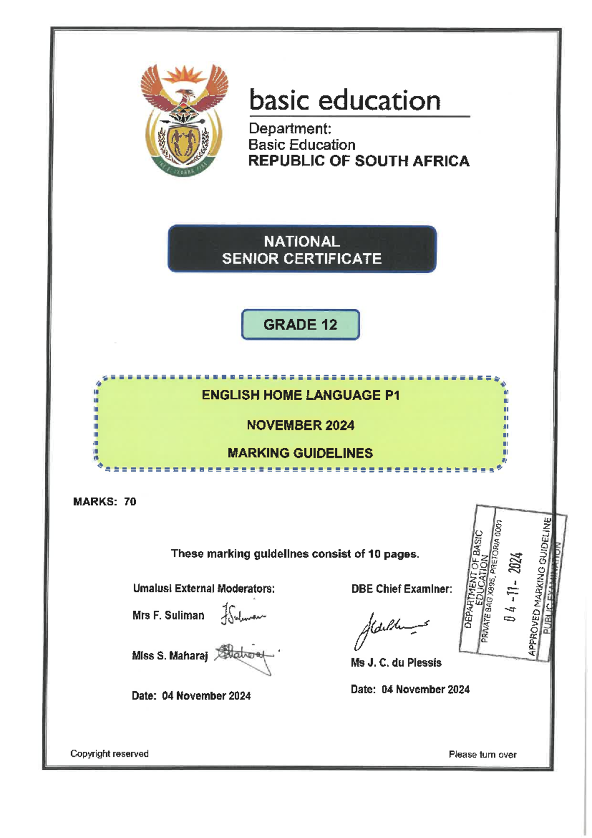 English HL P1 NSC Oct-Nov 2024 Marking Guidelines - Studocu