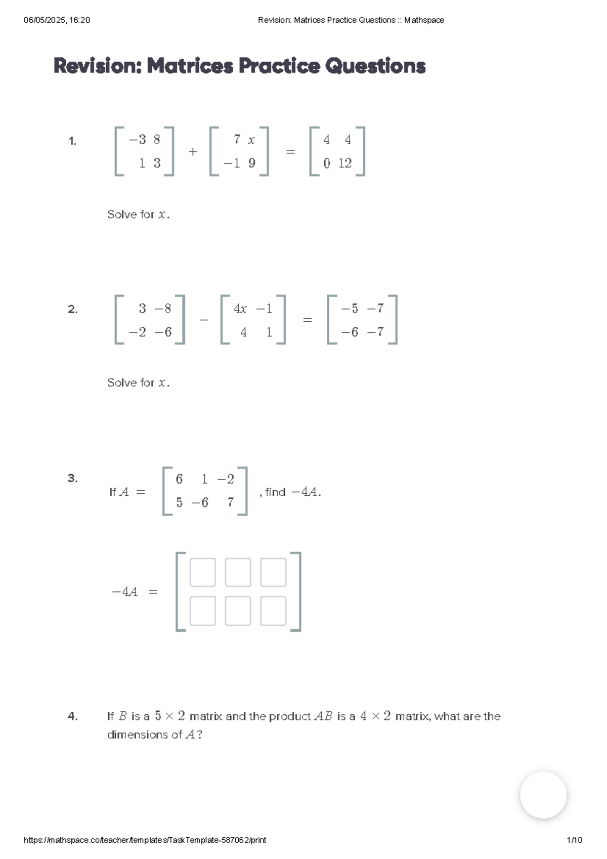 16:20 Revision: Matrices Practice Questions for Mathspace - Studocu