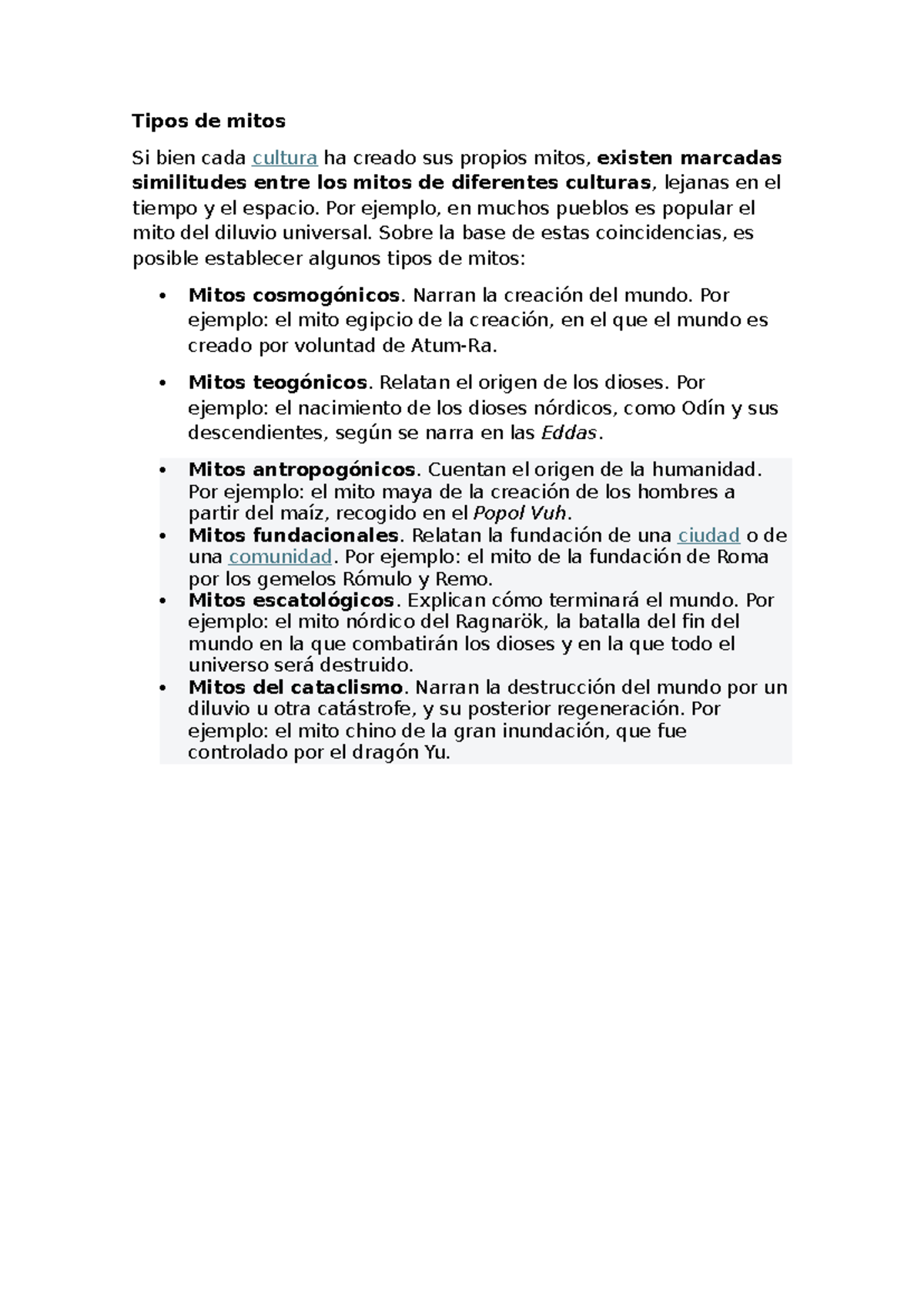 Tipos de Mitos: Clasificación y Ejemplos Culturales - Studocu
