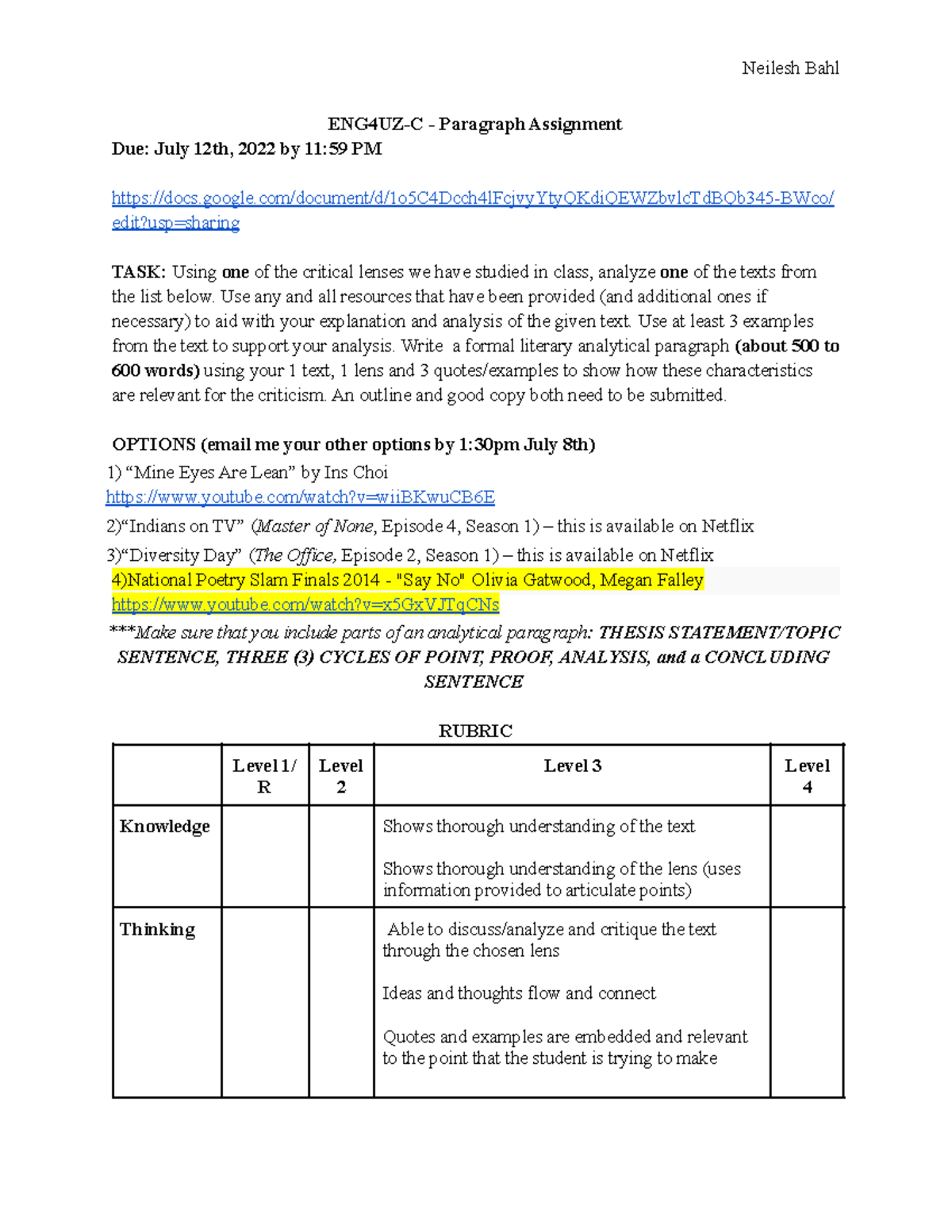 Copy of Paragraph Assignment - ENG4UZ-C - Paragraph Assignment Due ...