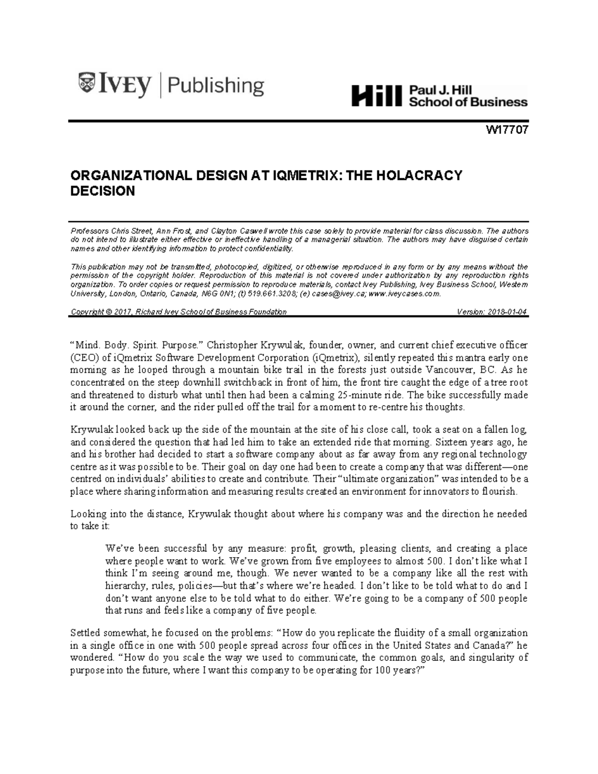W17707 Case Study: Holacracy in Organizational Design at iQmetrix - Studocu