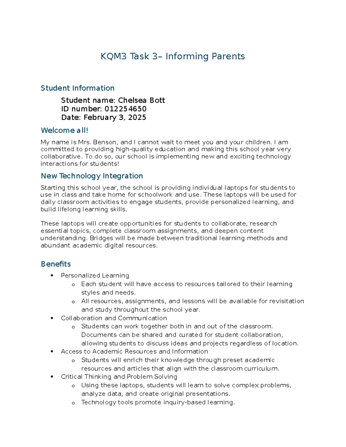 KQM3 Task 3 - Passed D173 Task 3 - KQM3 Task 3– Informing Parents ...