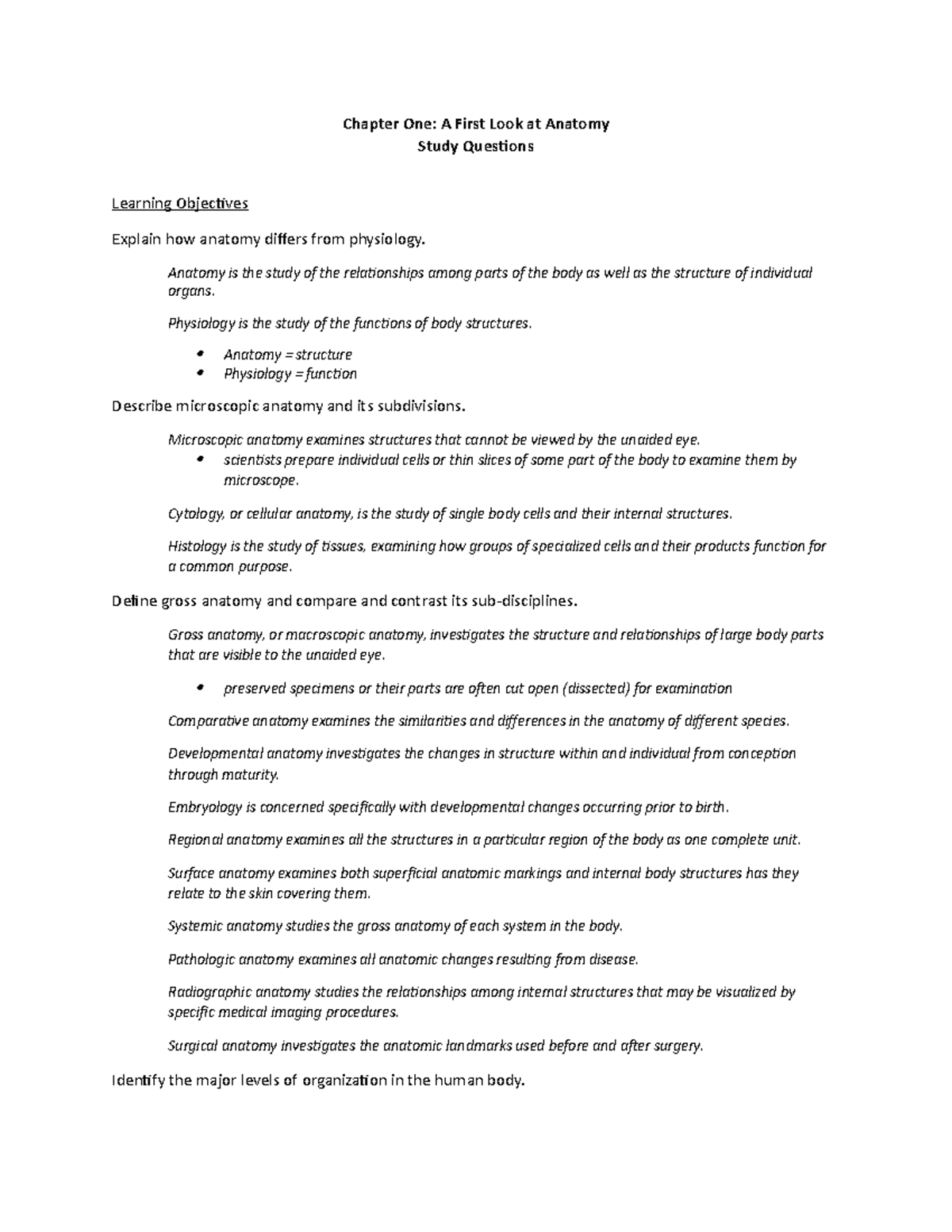 Chapter One Notes - Anatomy Intro - Chapter One: A First Look at ...