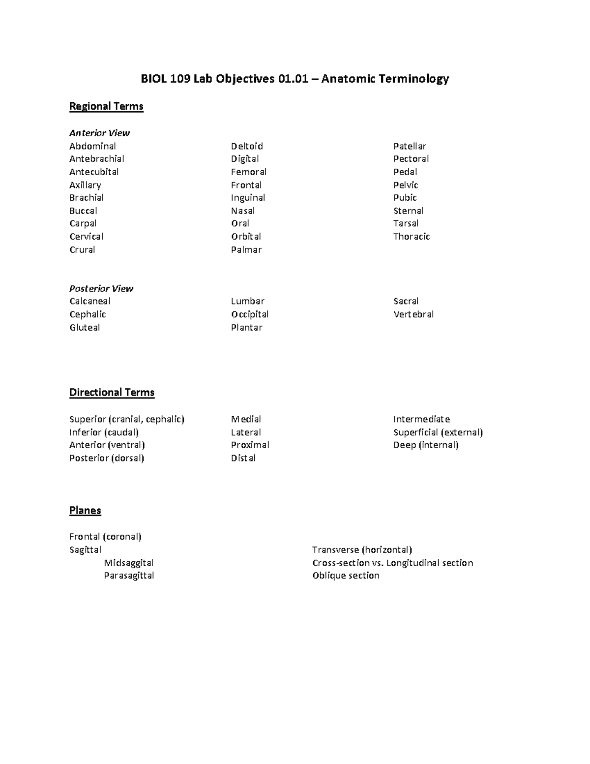 BIOL 109 Lab Objectives: Anatomic Terminology Overview - Studocu