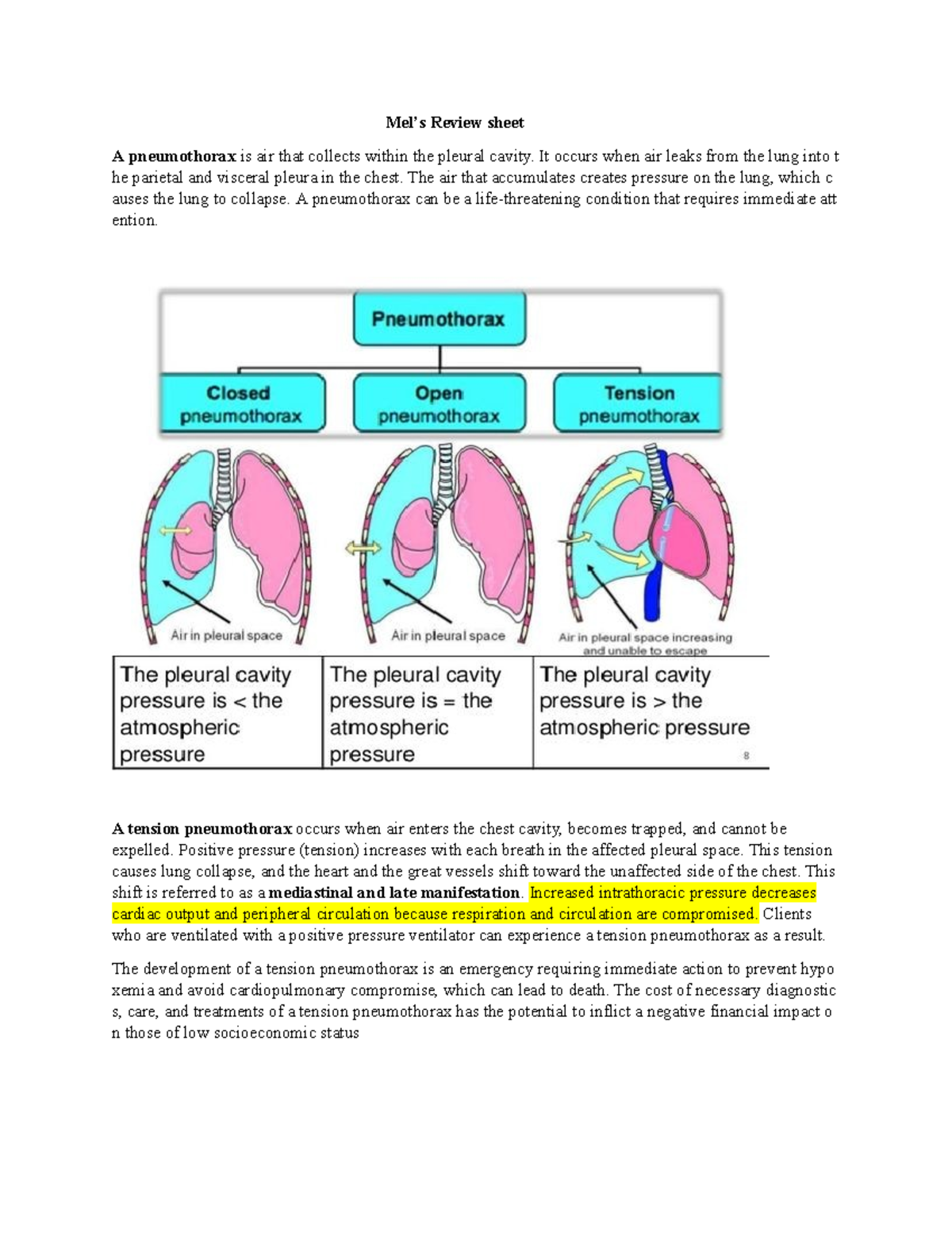 Review Sheet: Tension Pneumothorax & Flail Chest - Med Surg-1 - Studocu