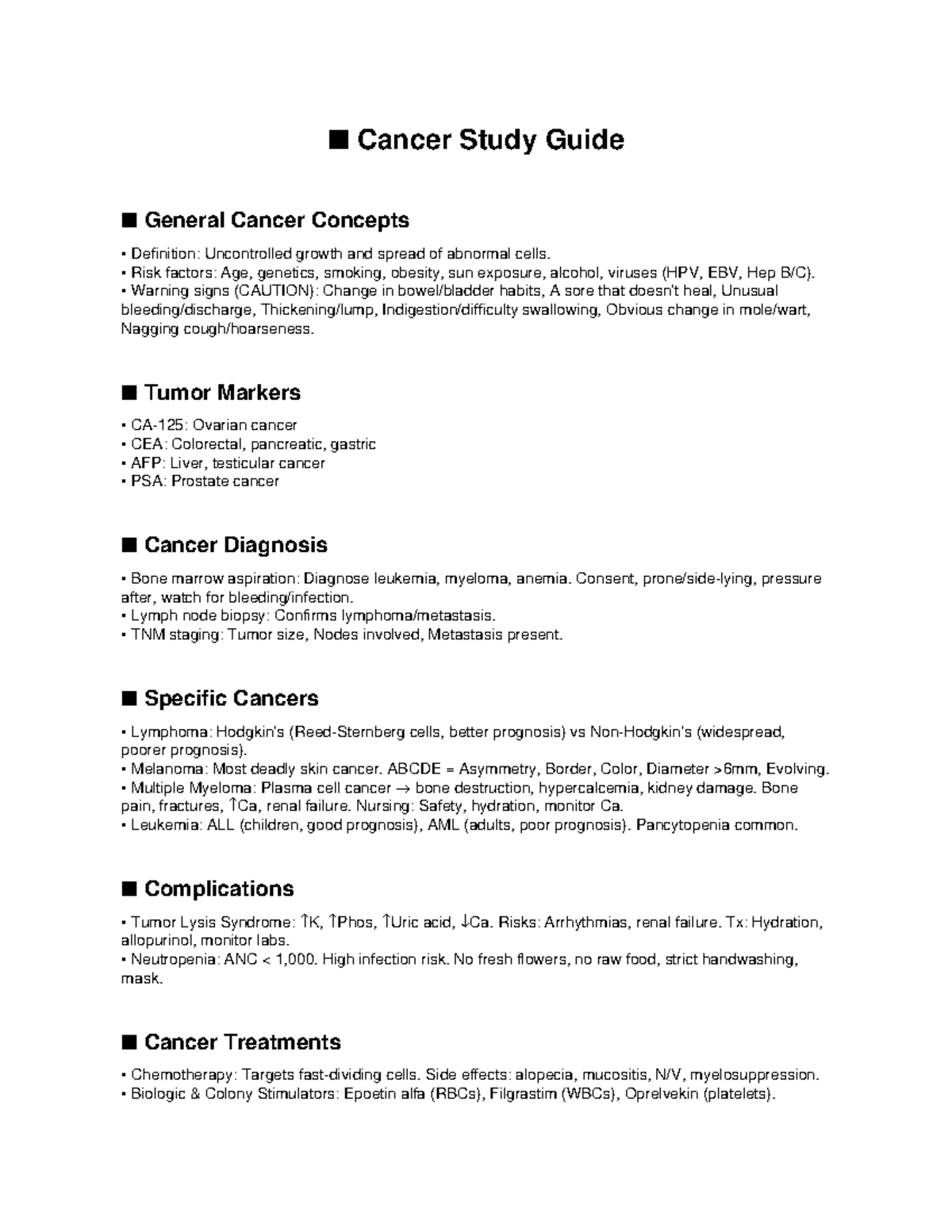Cancer Study Guide: Key Concepts and Treatments for Exam - Studocu
