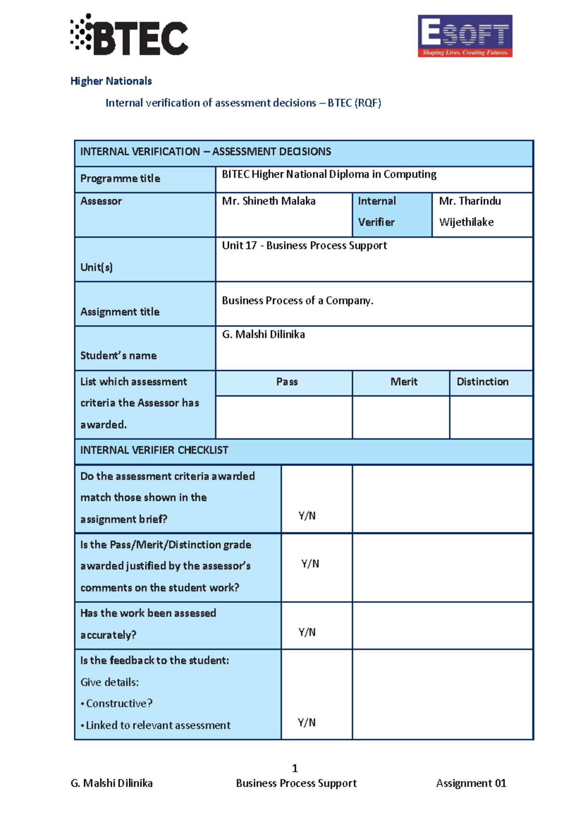 BPS Unit 17 - Business Process Support Assignment Mark-Up - Studocu