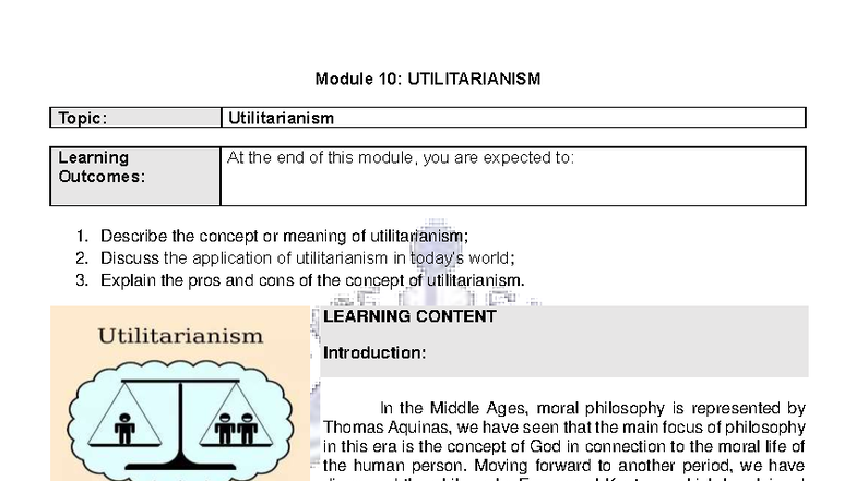Module 10: Utilitarianism - Key Concepts and Learning Outcomes - Studocu