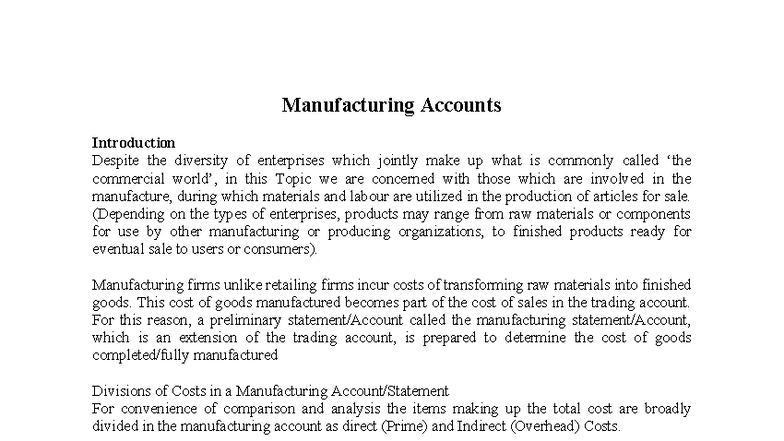 Manufacturing Accounts Overview: Costs & Profit Analysis - Studocu